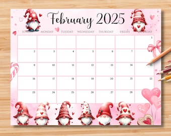 EDITABLE February 2024 Calendar, Sweet Valentine 2024 With Cute Gnomes ...