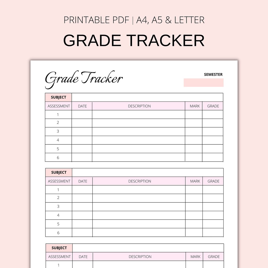 Grade Tracker A4, A5 & Letter Printable Grade Tracker Report Card ...