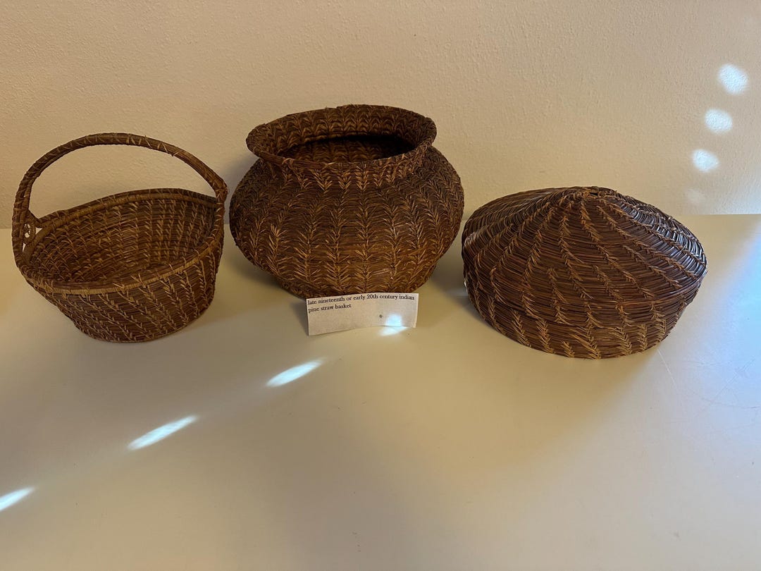 Antique Native American Pine Straw Baskets (3) Tin Lid Key Brand on ...