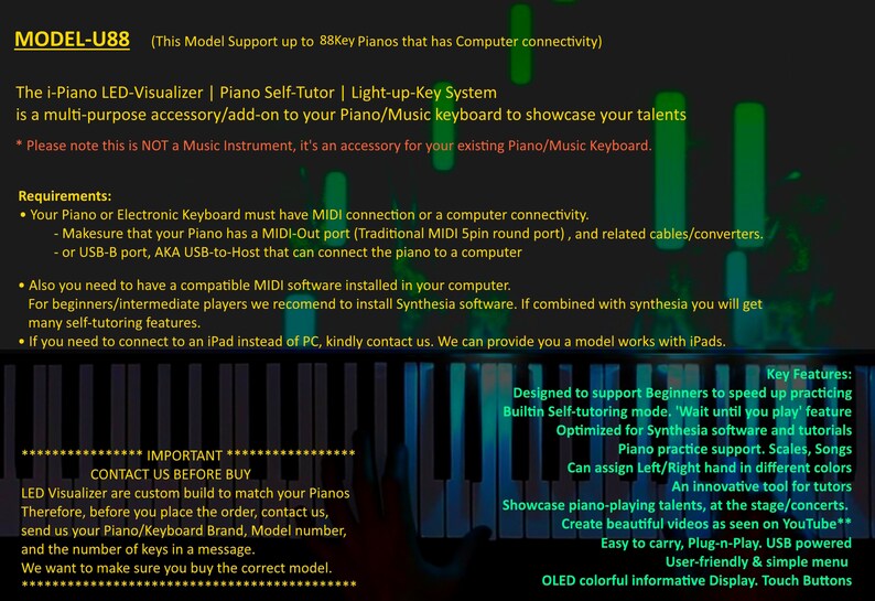 I-piano MIDI LED Visualizer | Piano Self-tutor | for 61 Key Pianos Only ...