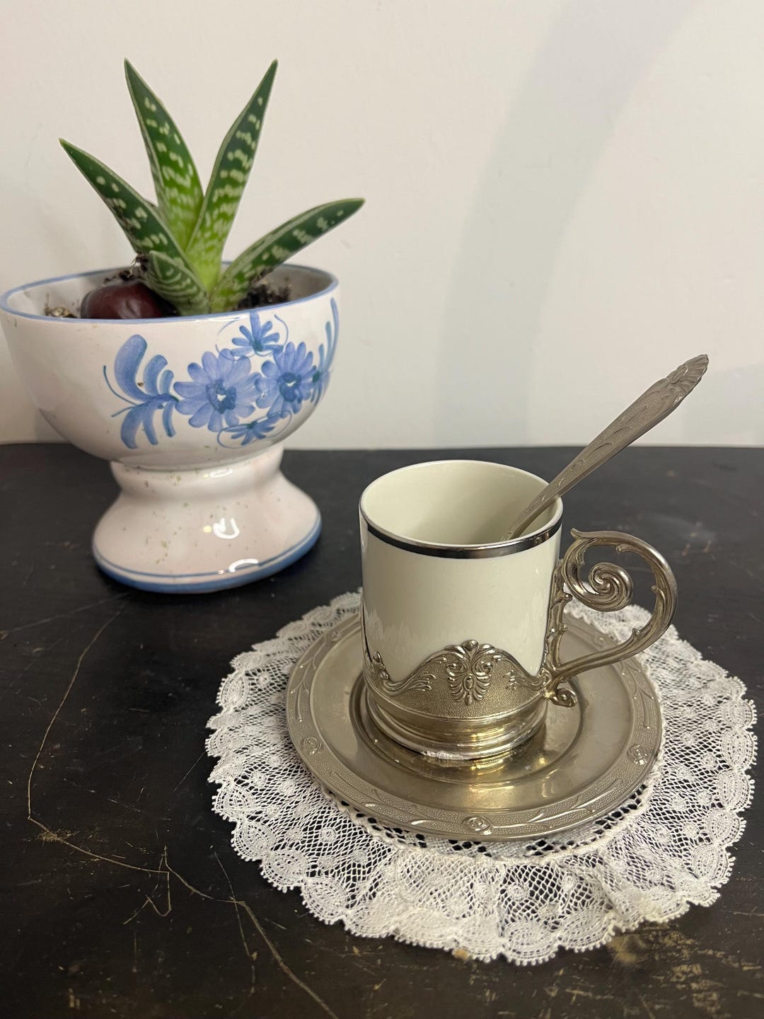 Vintage French Coffee Cup Set | Porcelain Cup in Metal Holder | French ...