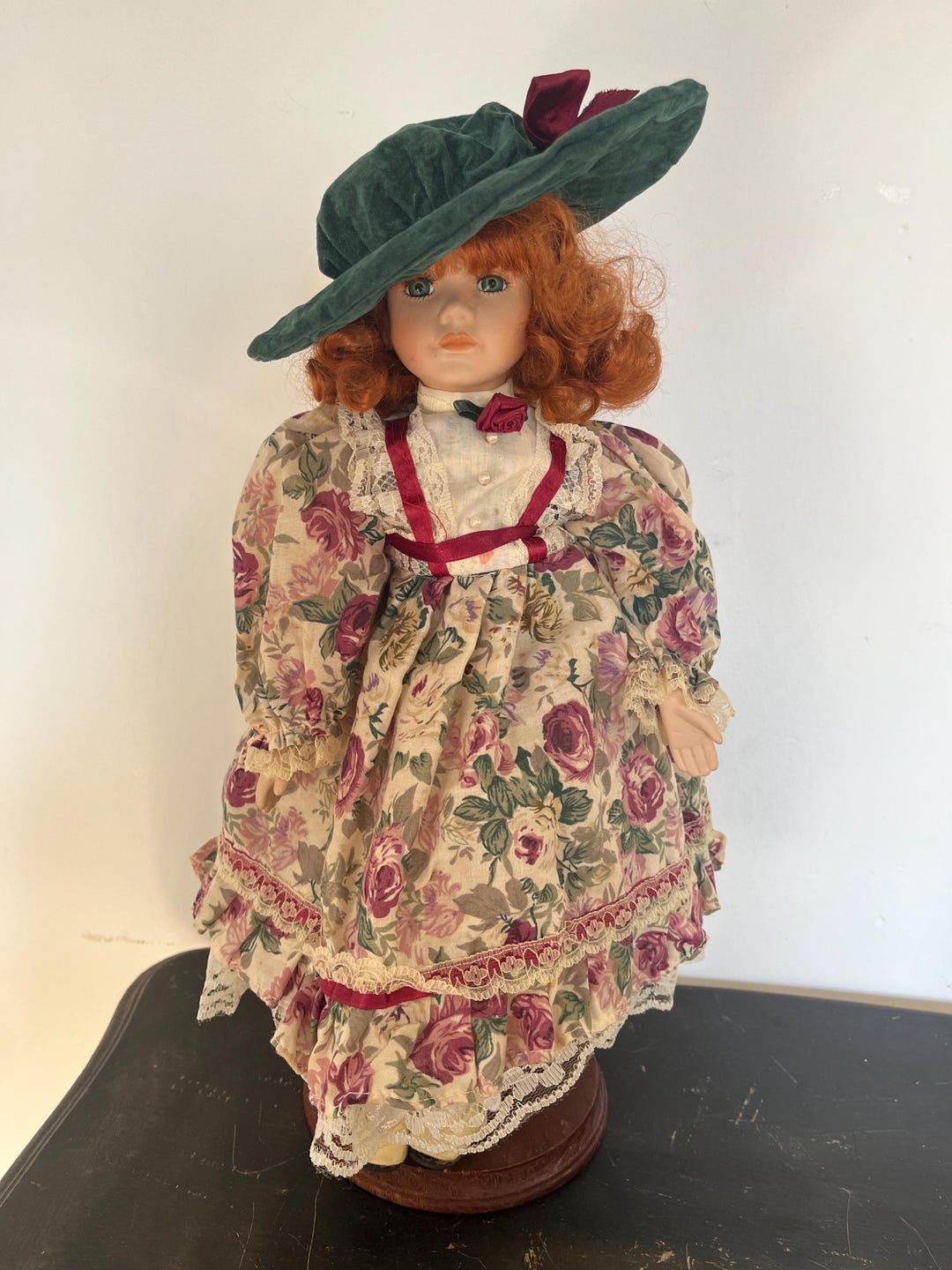 Vintage French Porcelain Doll in Floral Dress and Green Hat – 45 Cm ...