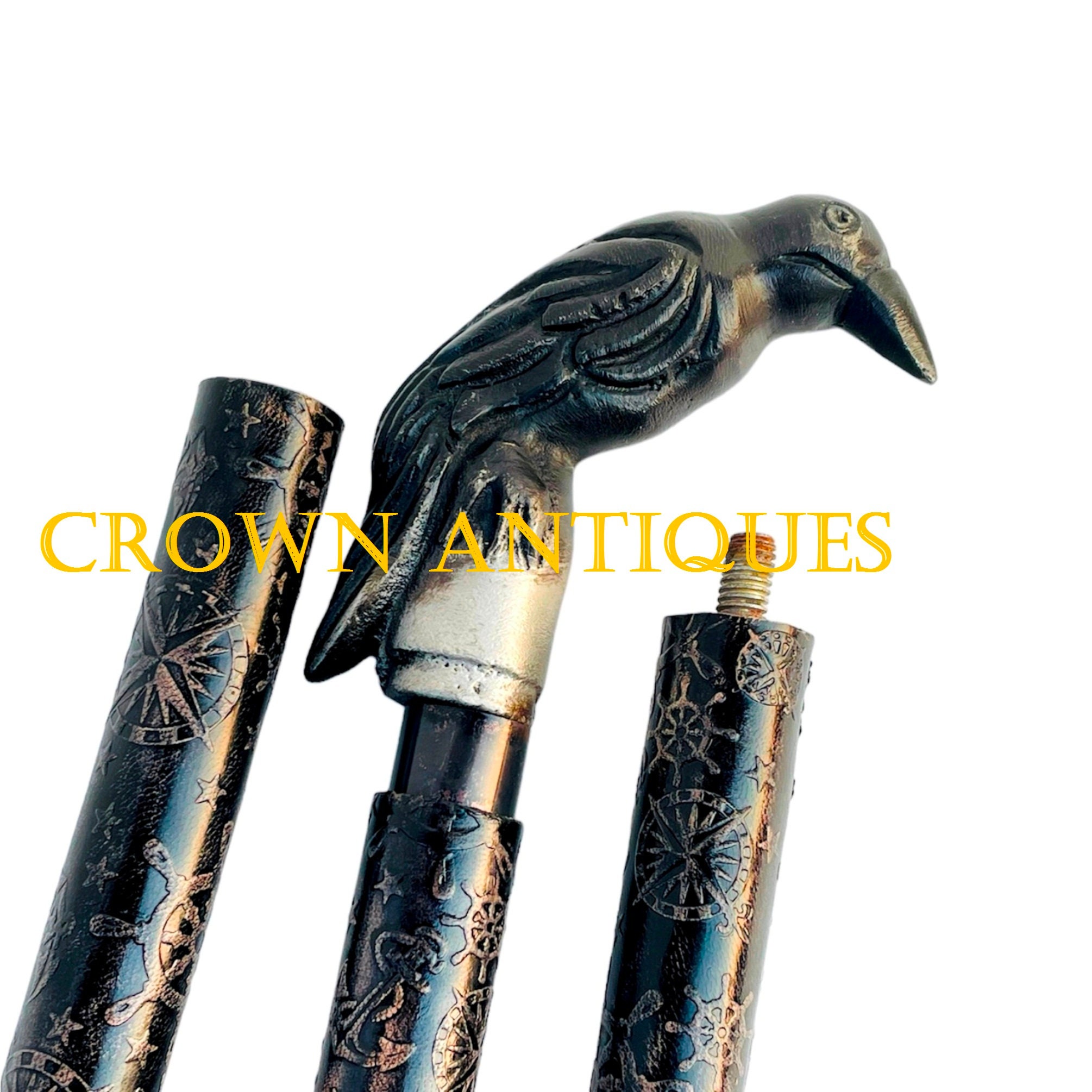 Victorian Raven Walking Stick Steampunk Unisex Wooden Leather Carved ...