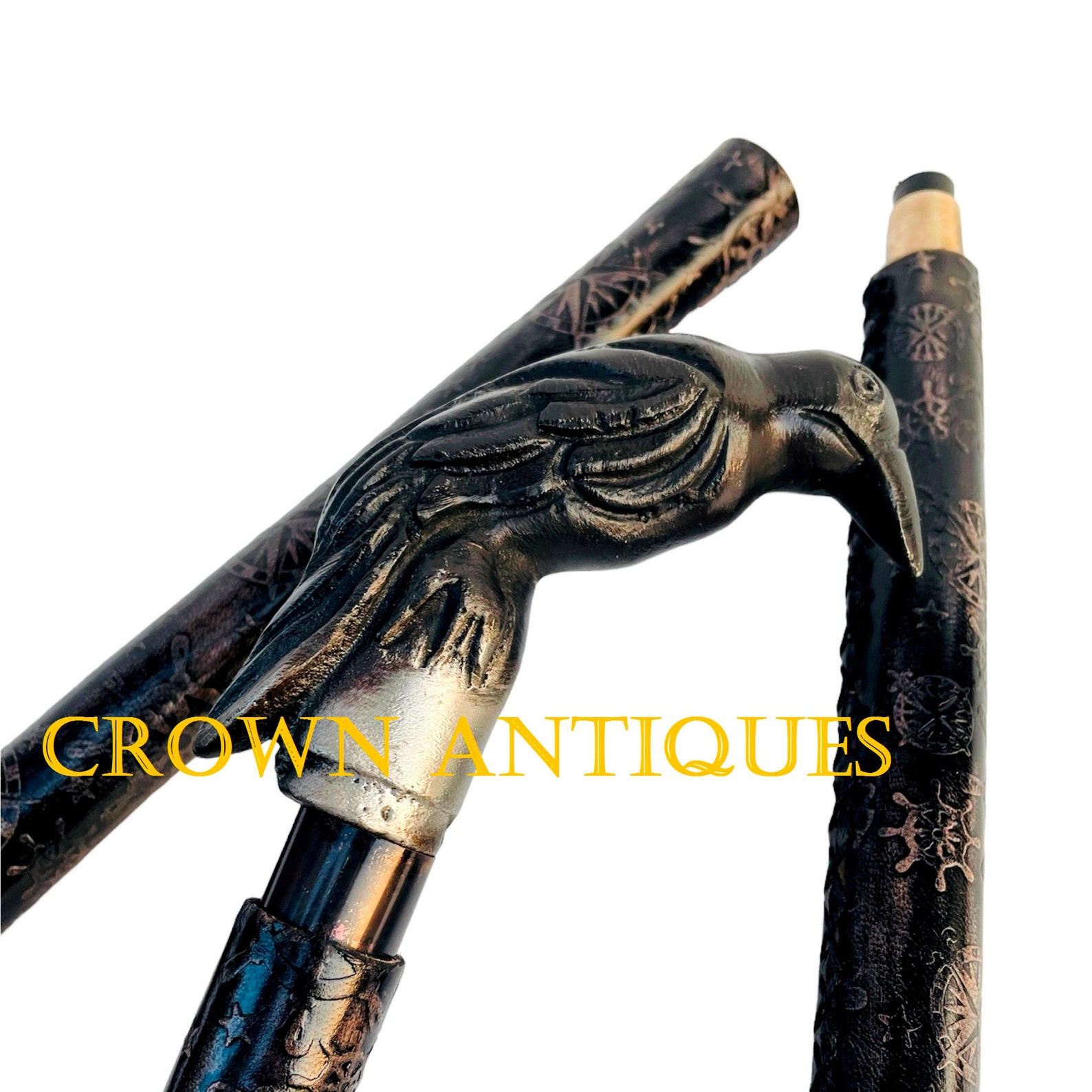 Victorian Raven Walking Stick Steampunk Unisex Wooden Leather Carved ...