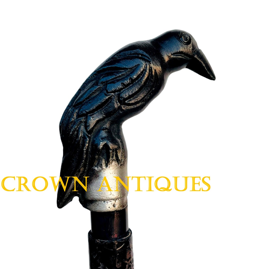 Victorian Raven Walking Stick Steampunk Unisex Wooden Leather Carved ...