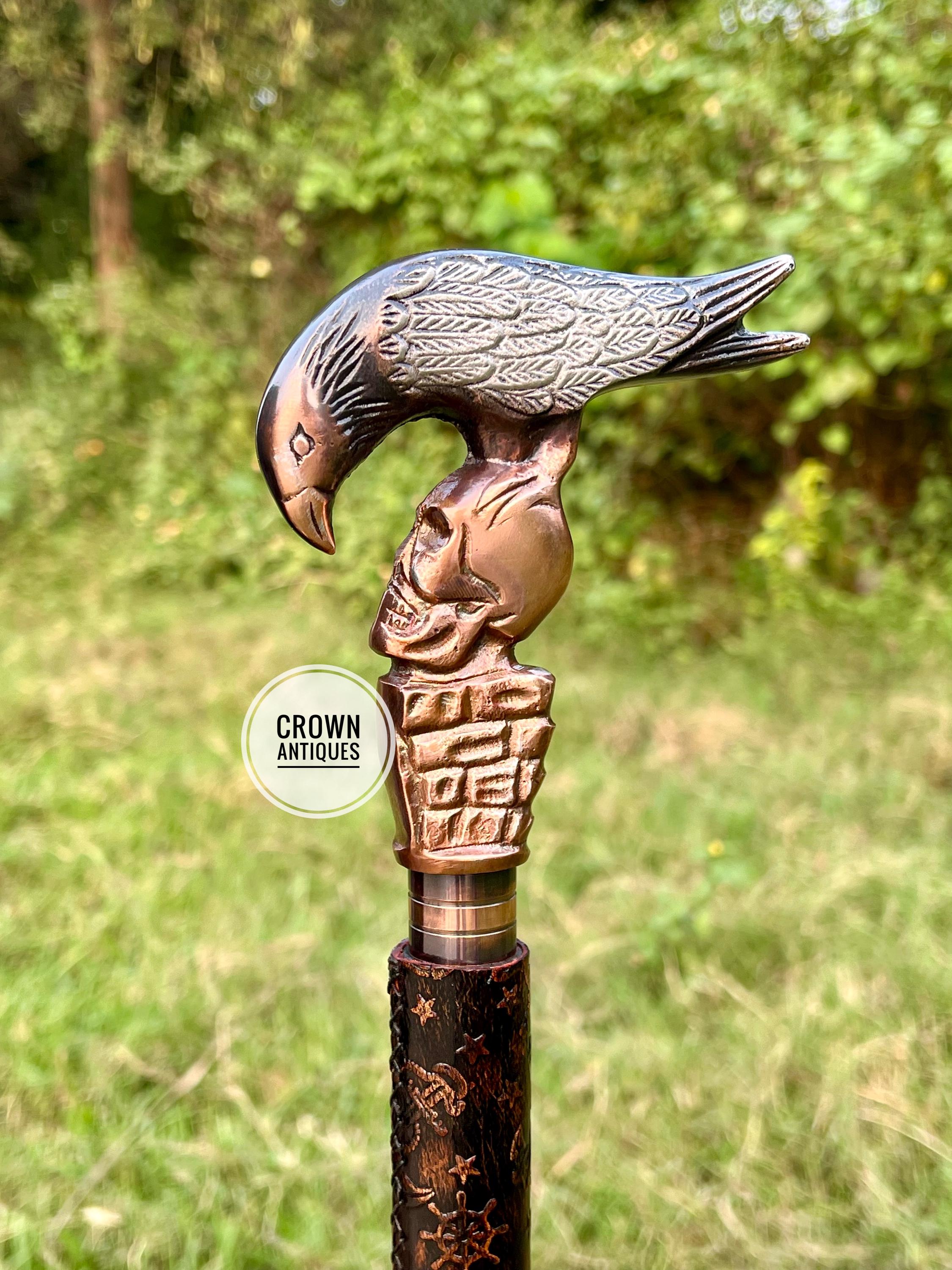 Hand Carved Raven Skull Walking Cane Designer Leather Carved Wooden ...