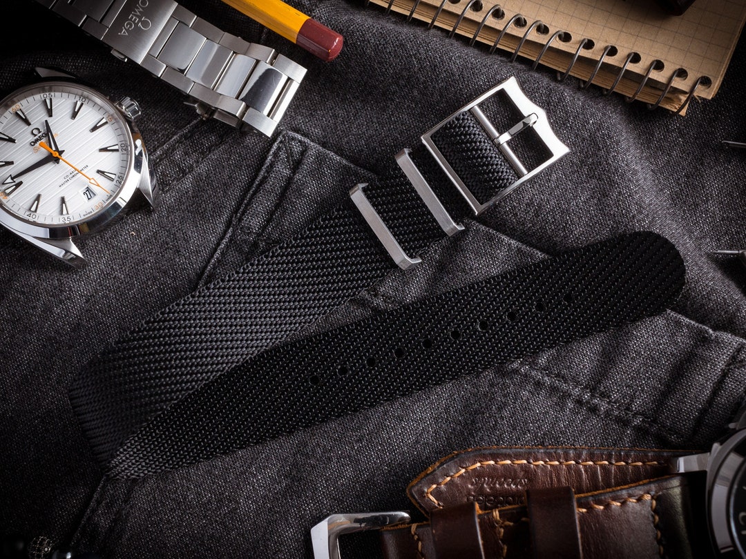 Black Adjustable Single Pass Twill Slip Through Watch Strap ( 20 & 22mm ...