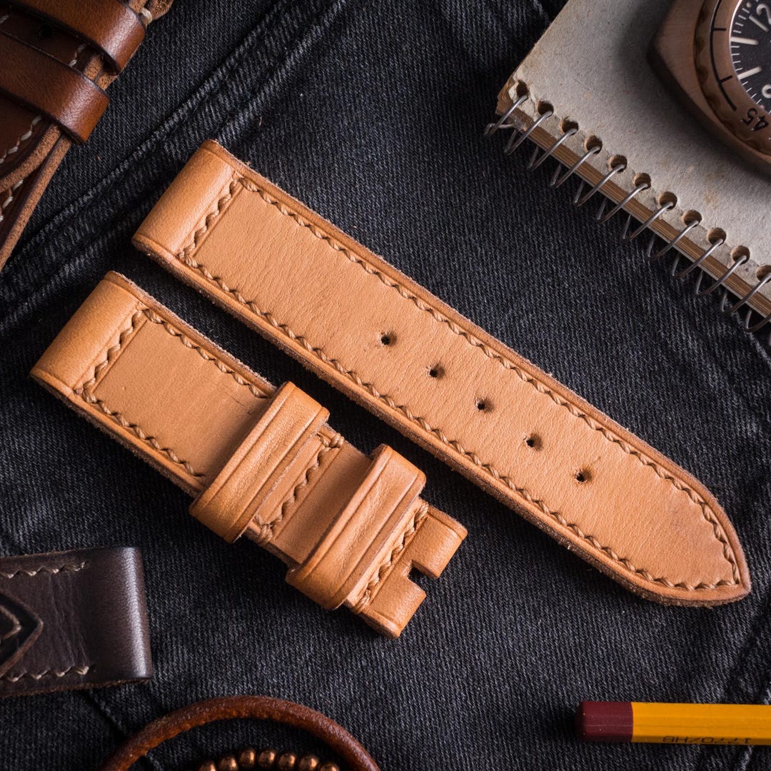 MV011 Handmade Vintage Natural Light Beige Leather Strap With Beige ...