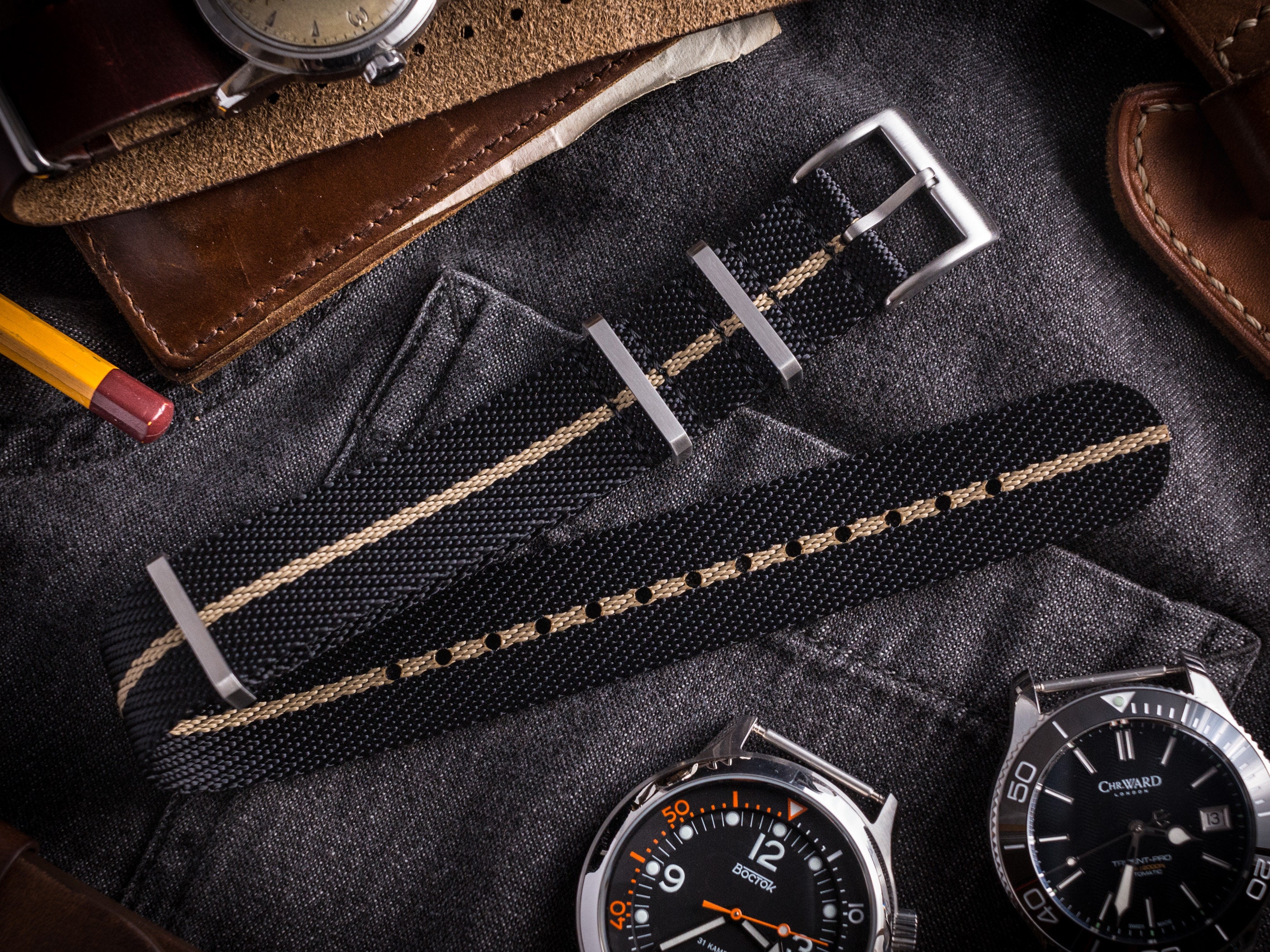 Black and Beige Premium Twill Slip Through Watch Strap 20 | Etsy