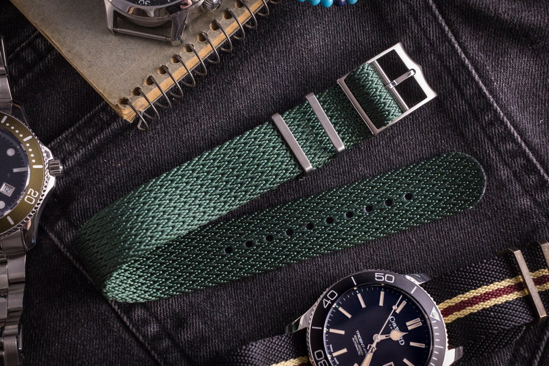 Night Green Adjustable Single Pass Herringbone Slip Through Watch Strap ...