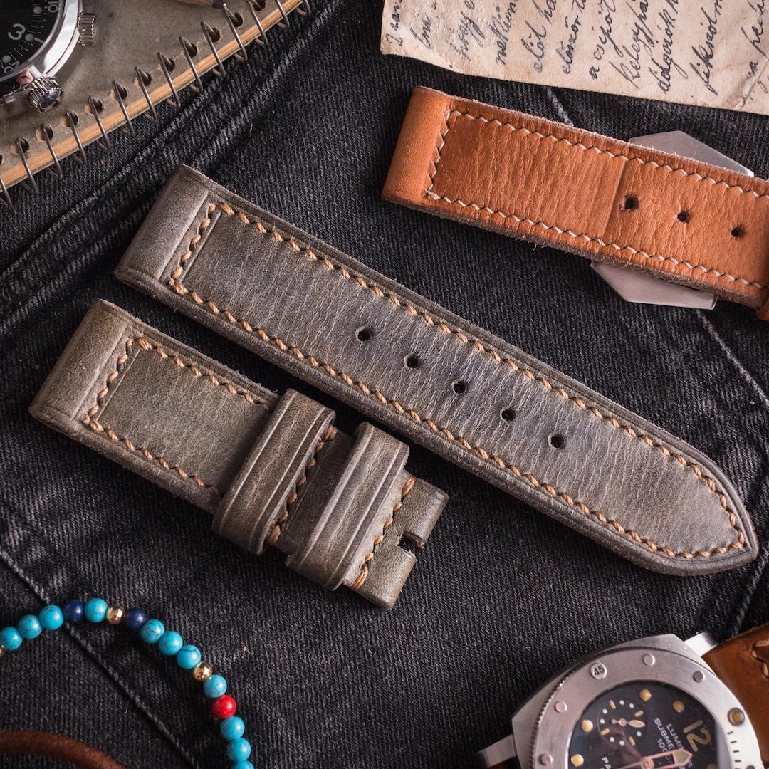 MV026 Handmade, Vintage Light Grey Leather Strap With Beige Stitching ...