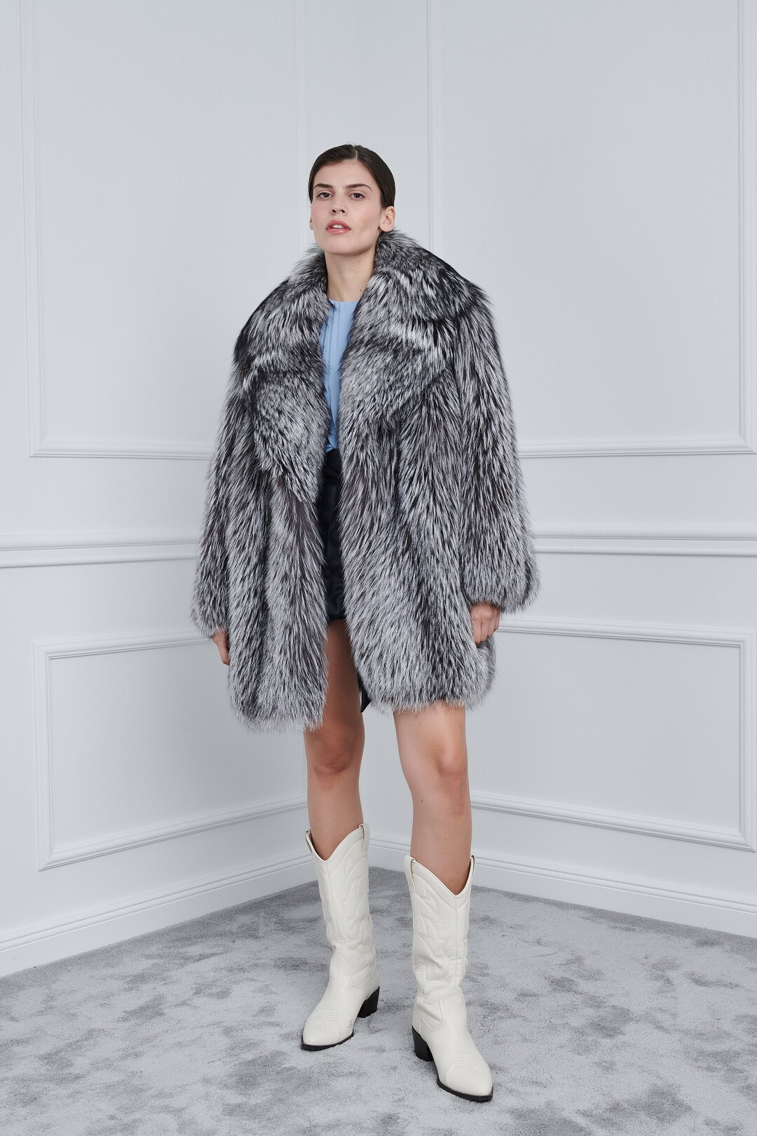Silver Fox Fur Jacket With Rever Collar. Real Fox Fur Coat. Genuine Fox ...