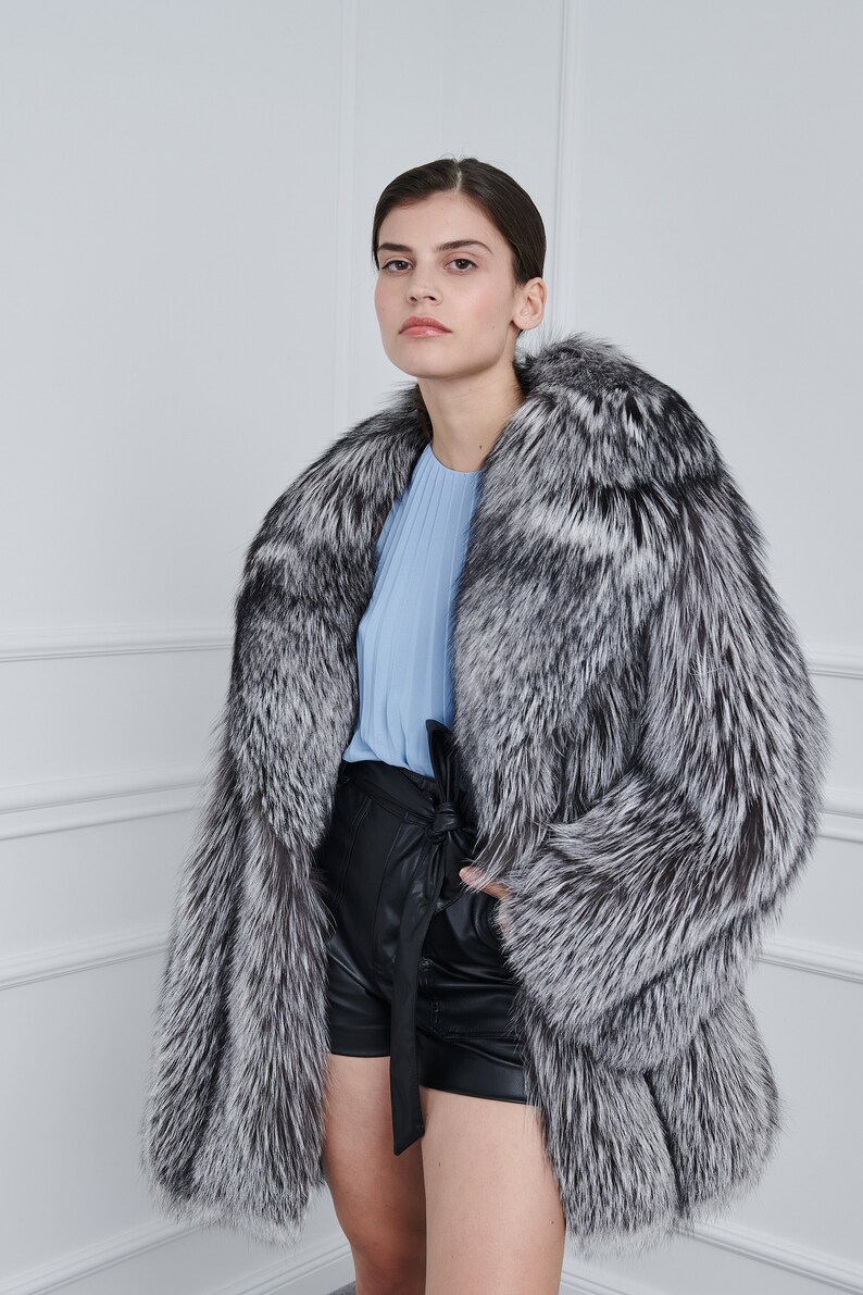 Silver Fox Fur Jacket With Rever Collar. Real Fox Fur Coat. Genuine Fox ...