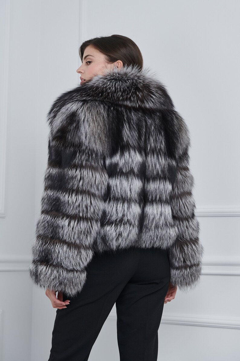 Silver Fox Fur Short Jacket With Wide Rever Collar Made of 100% Real ...