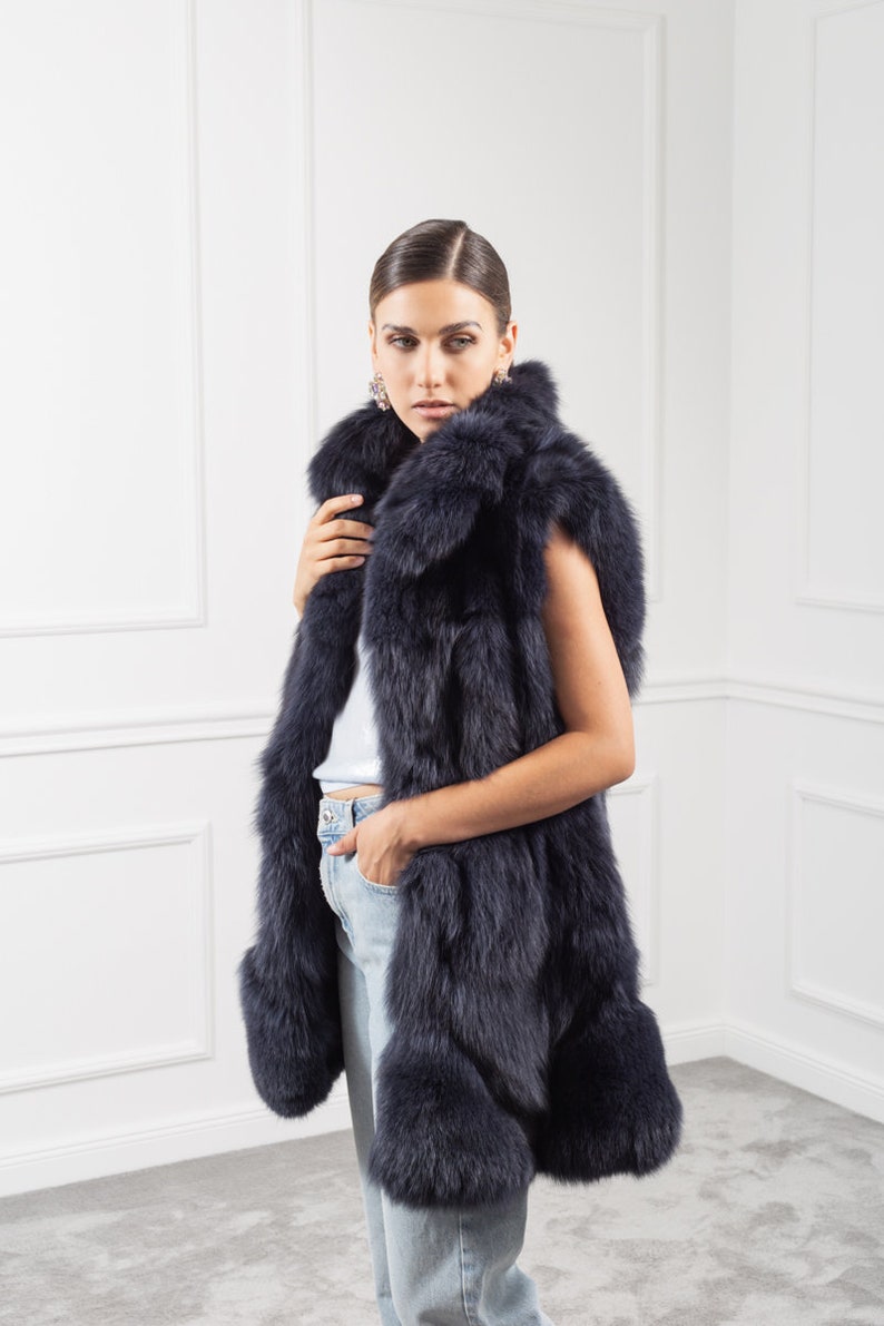 Dark Blue Fox Sections Fur Vest With Stand Collar - Etsy