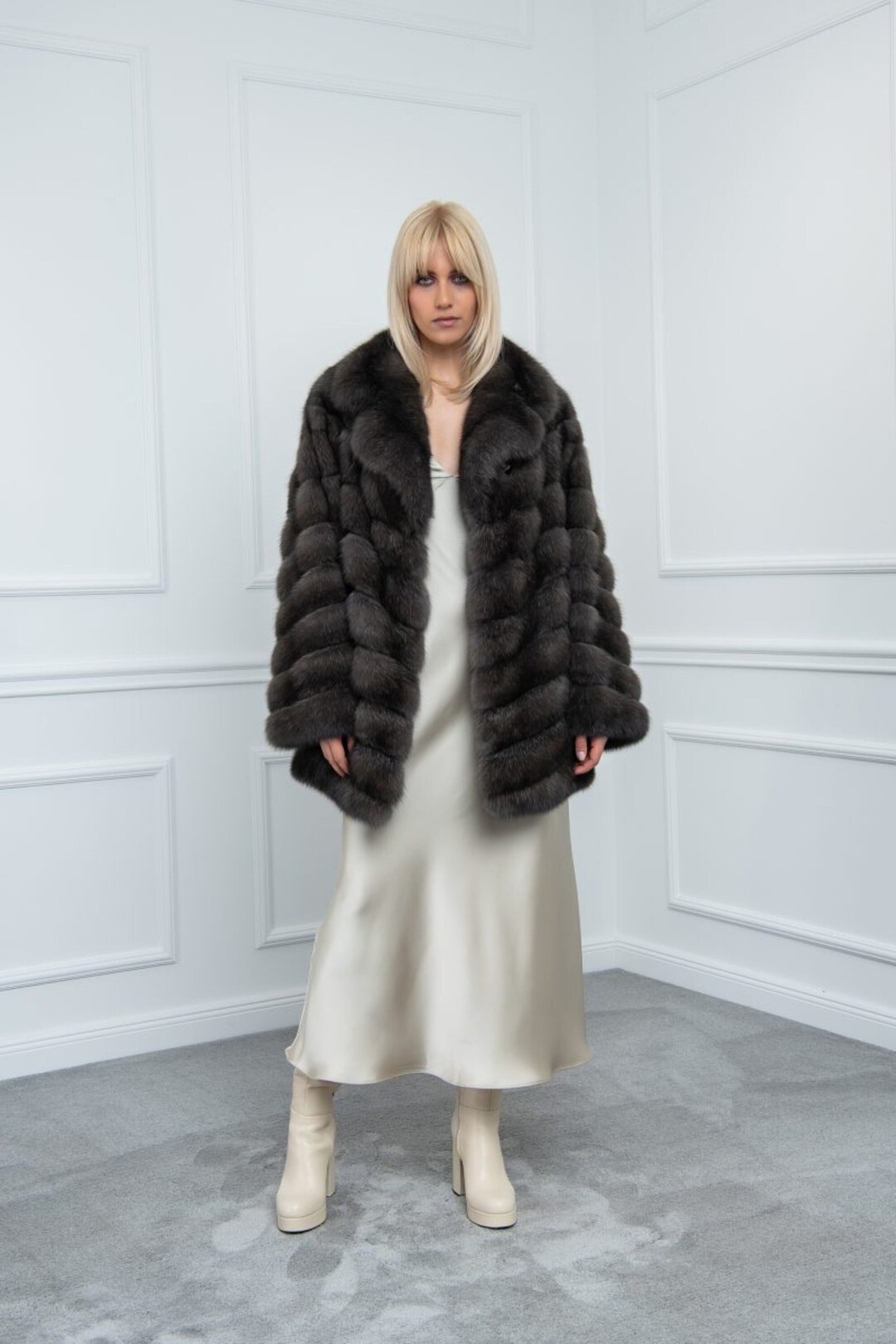 Silvery Sable Fur Jacket With Rever Collar Made of 100% Real Fur. Zobel ...