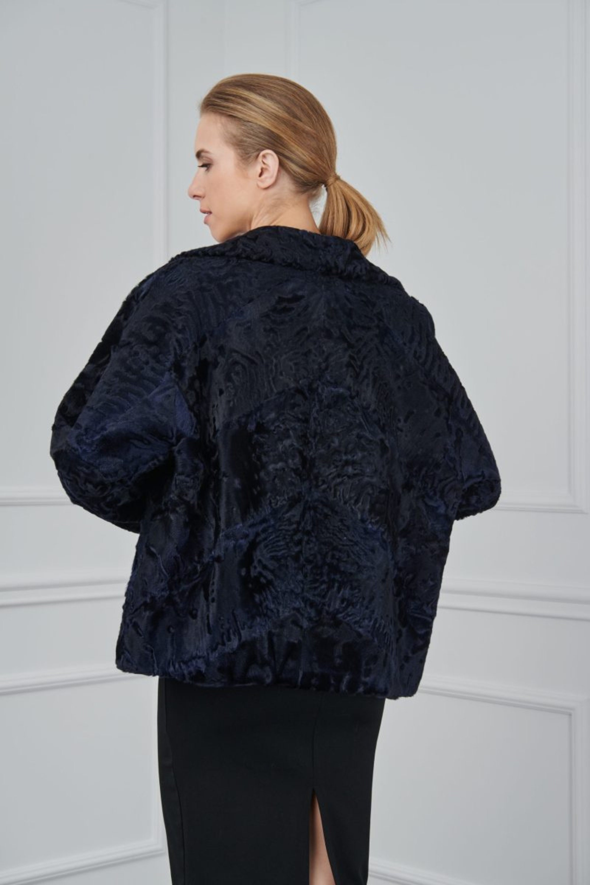 Navy Blue Swakara Fur Short Jacket With Rever Collar Made of 100% Real ...