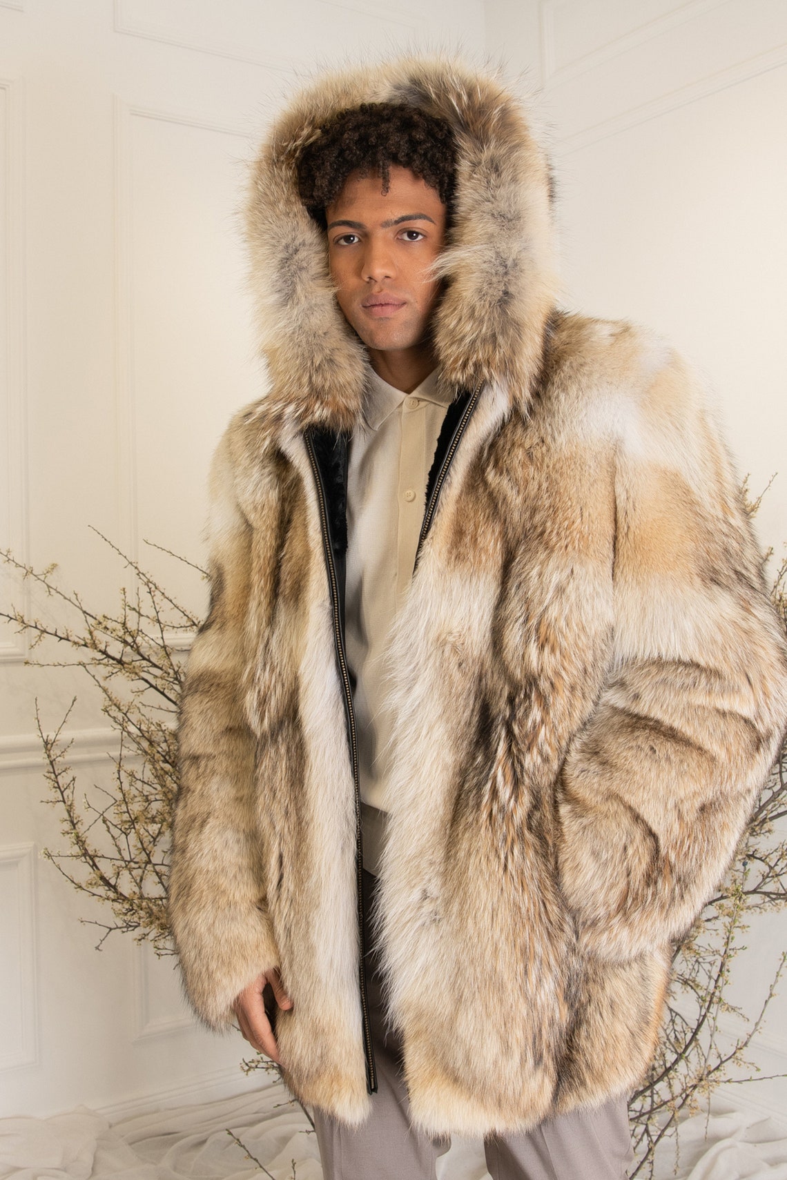 Men's Coyote Fur Jacket With Hood Made of 100% Genuine Fur - Etsy