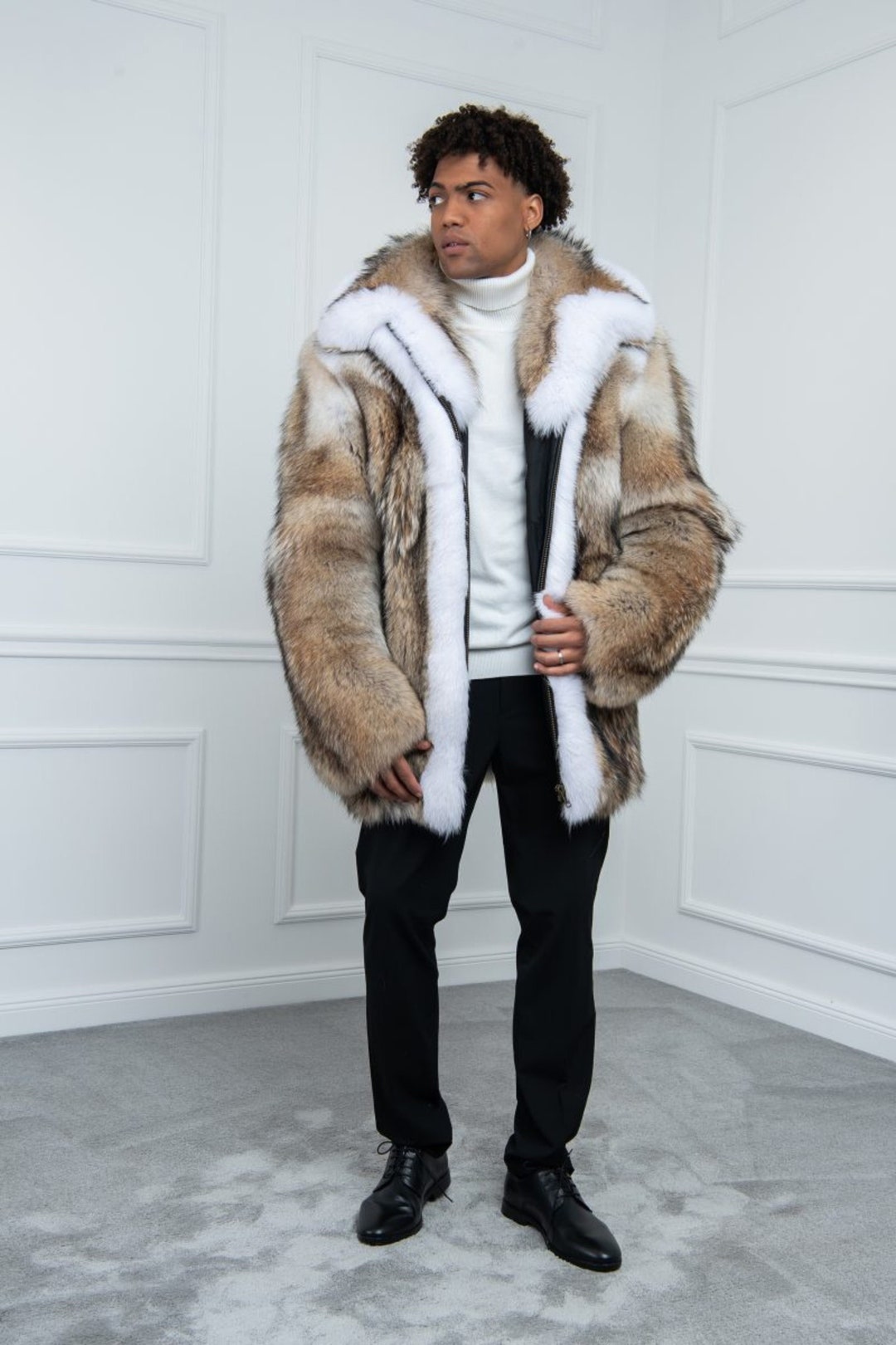 Men's Coyote Fur Jacket With Wing Collar Made of 100% Real Fur - Etsy