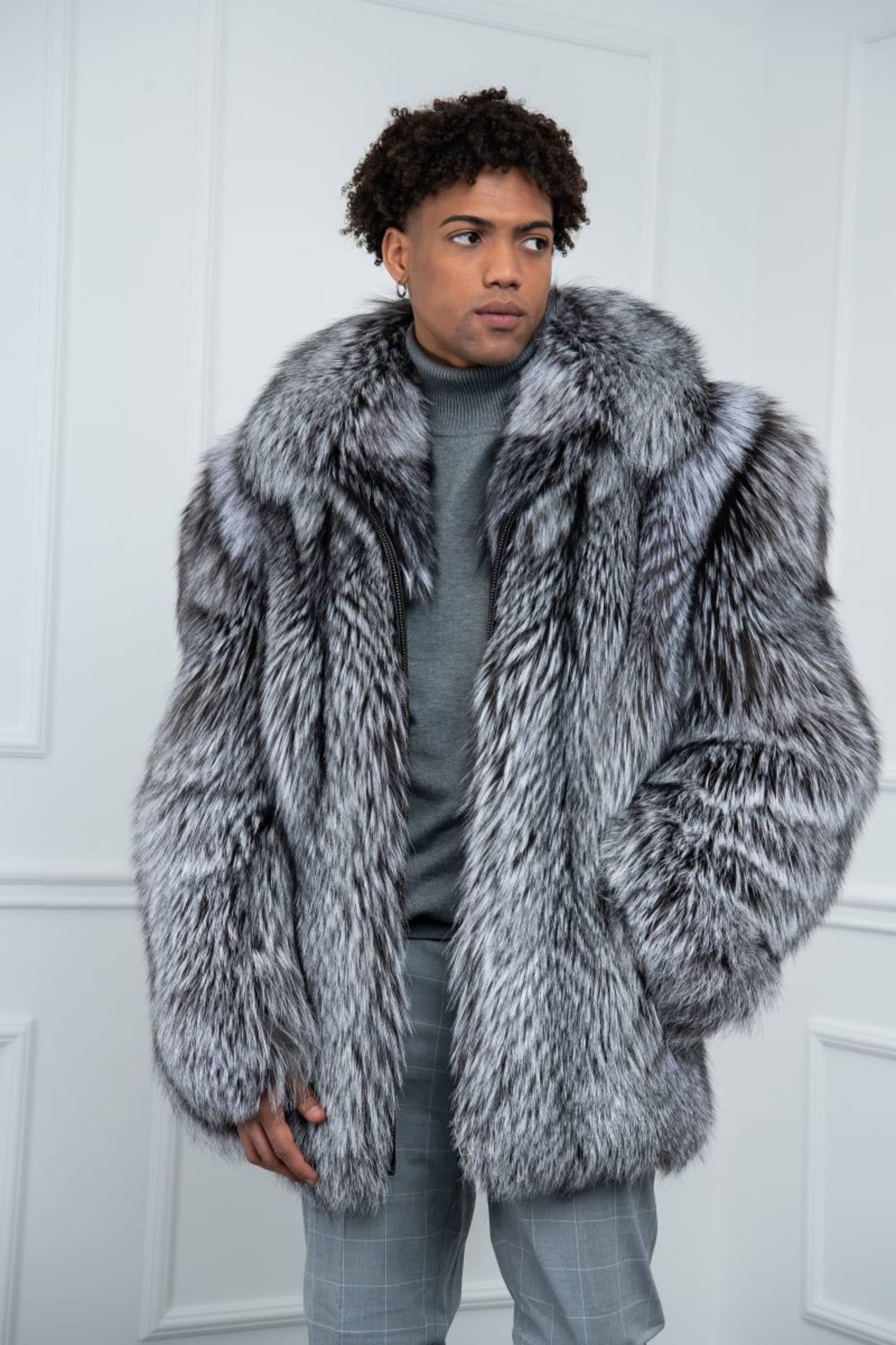 Men's Silver Fox Fur Jacket Made of 100% Real Fur - Etsy