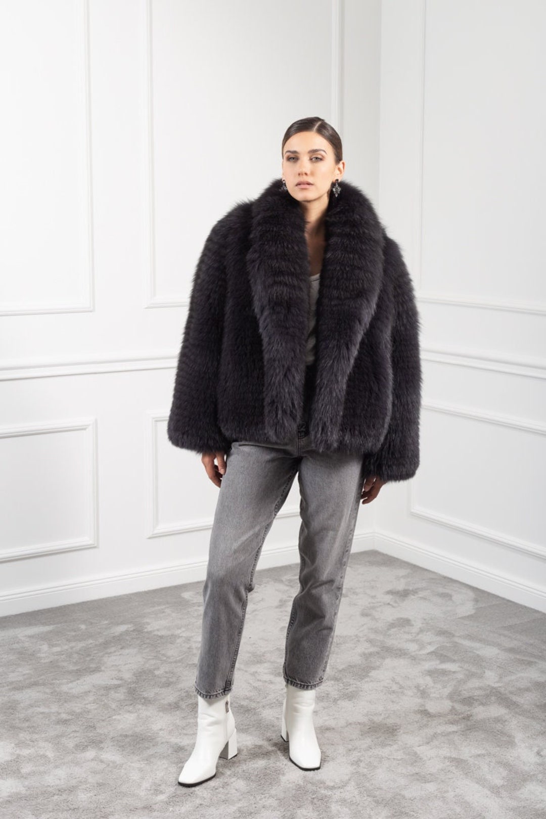 Dark Gray Fox Fur Short Jacket With Shawl Collar - Etsy