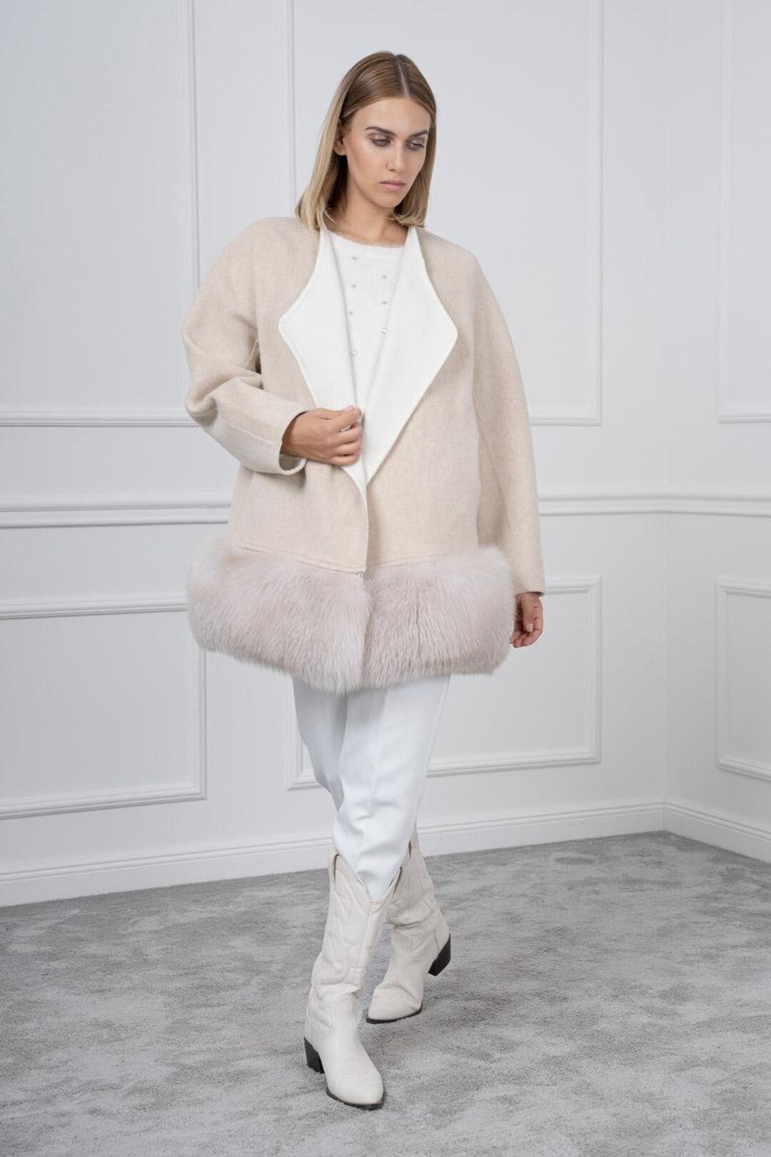 Ivory Cashmere Jacket With Fox Fur - Etsy