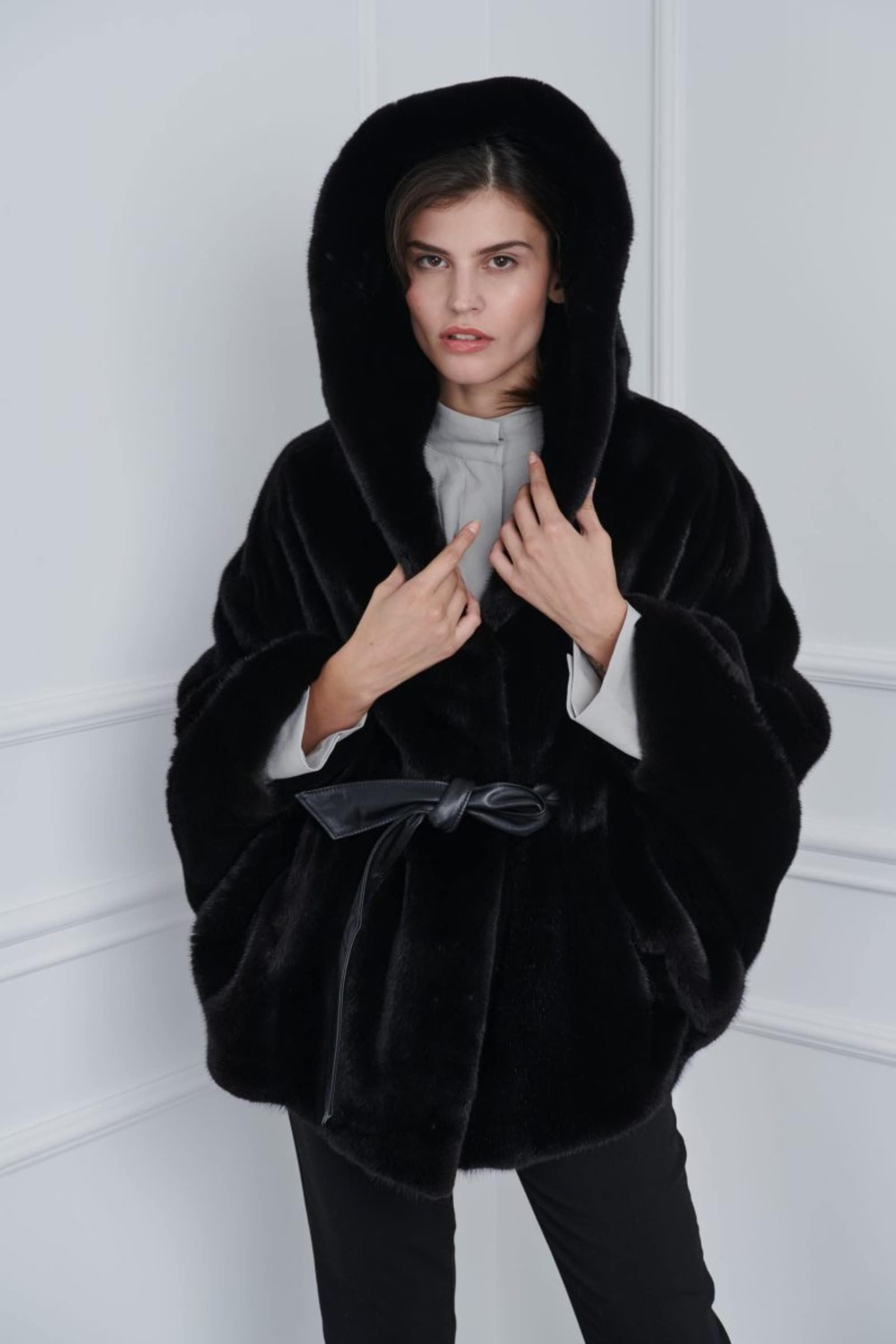 Black Mink Cape With Hood Made of 100% Real Fur - Etsy