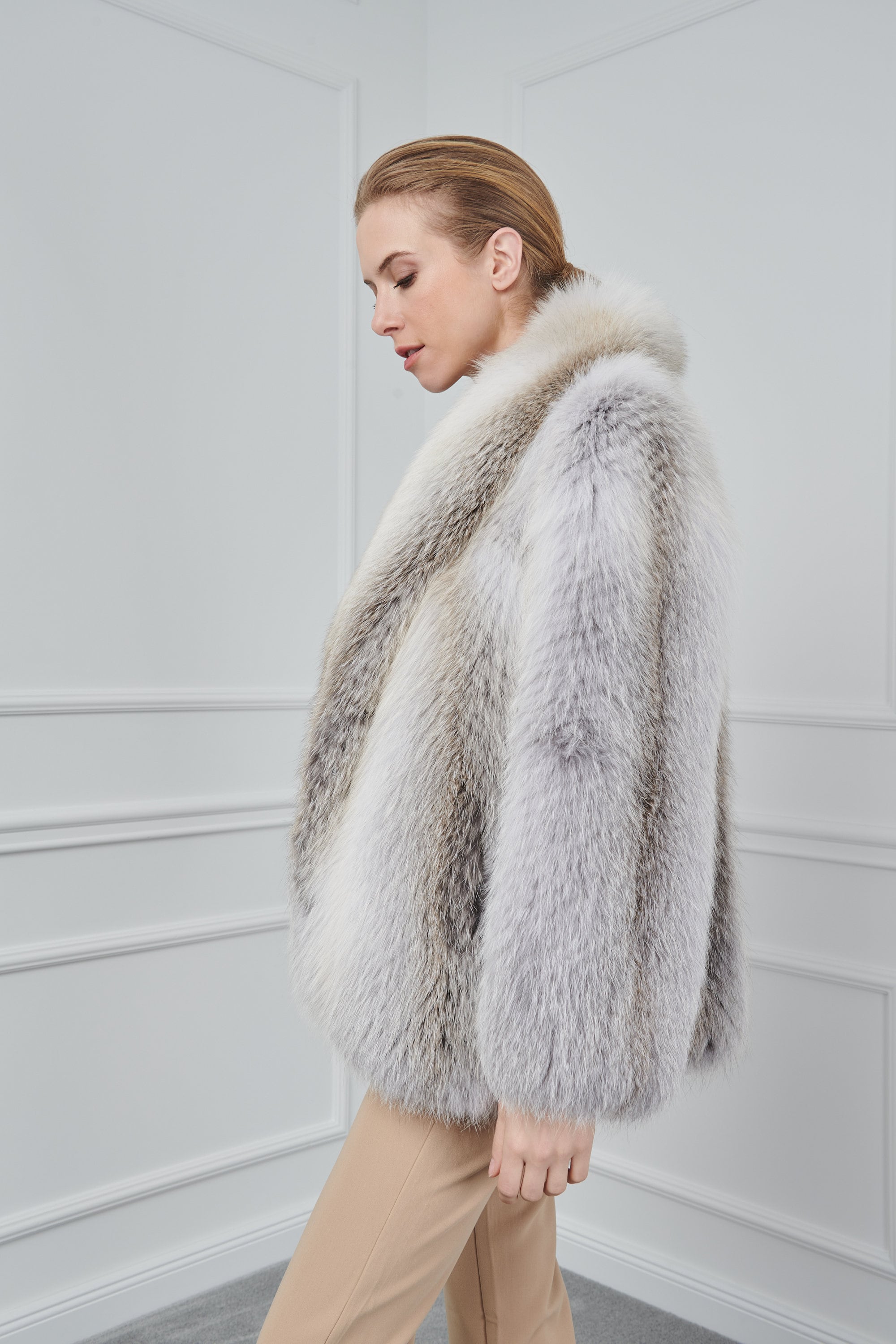 Shadow Fawn Light Fox Fur Short Jacket With Shawl Collar Made of 100% ...