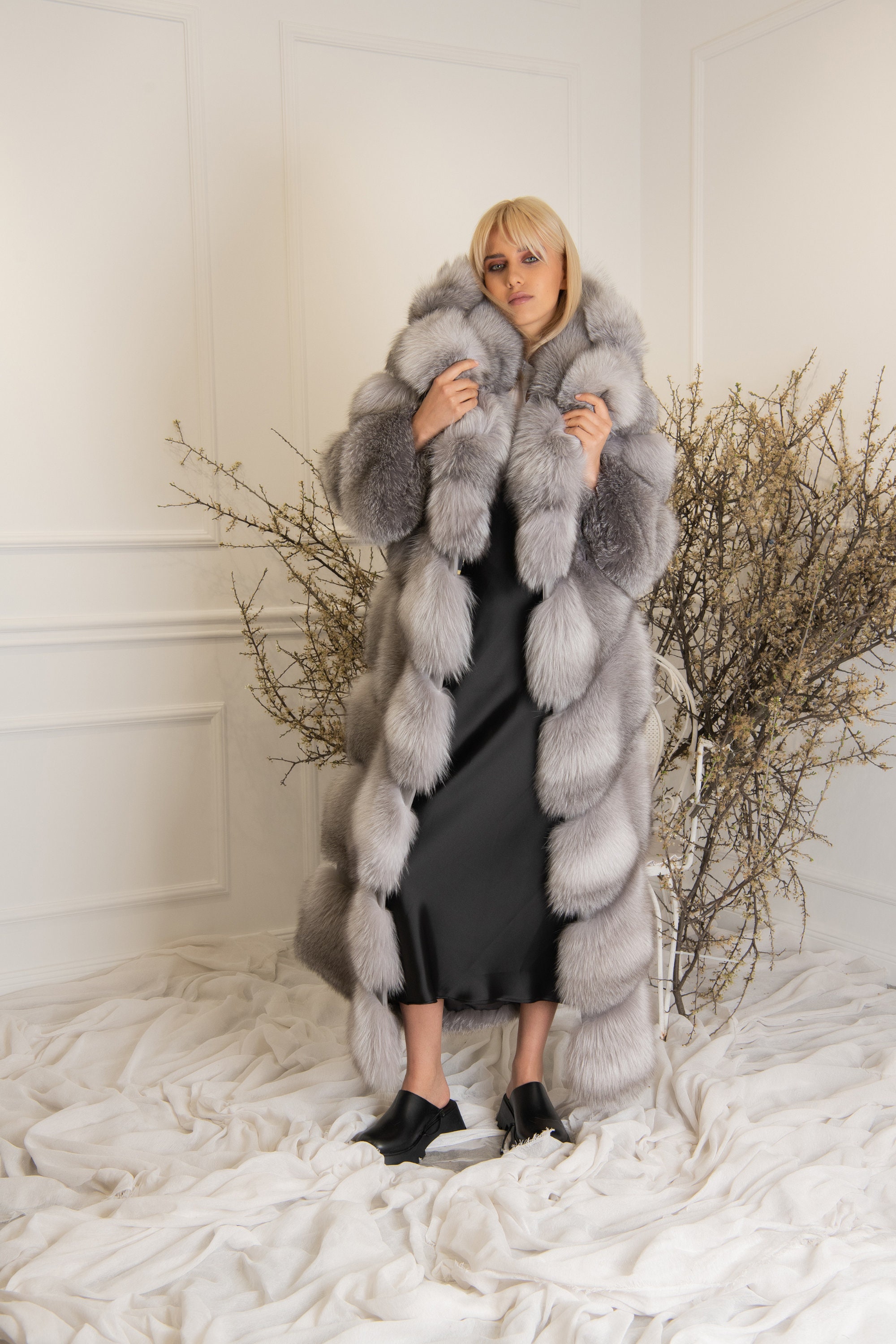 Sapphire Frost Fox Fur Coat With Hood Made of 100% Real Fur - Etsy