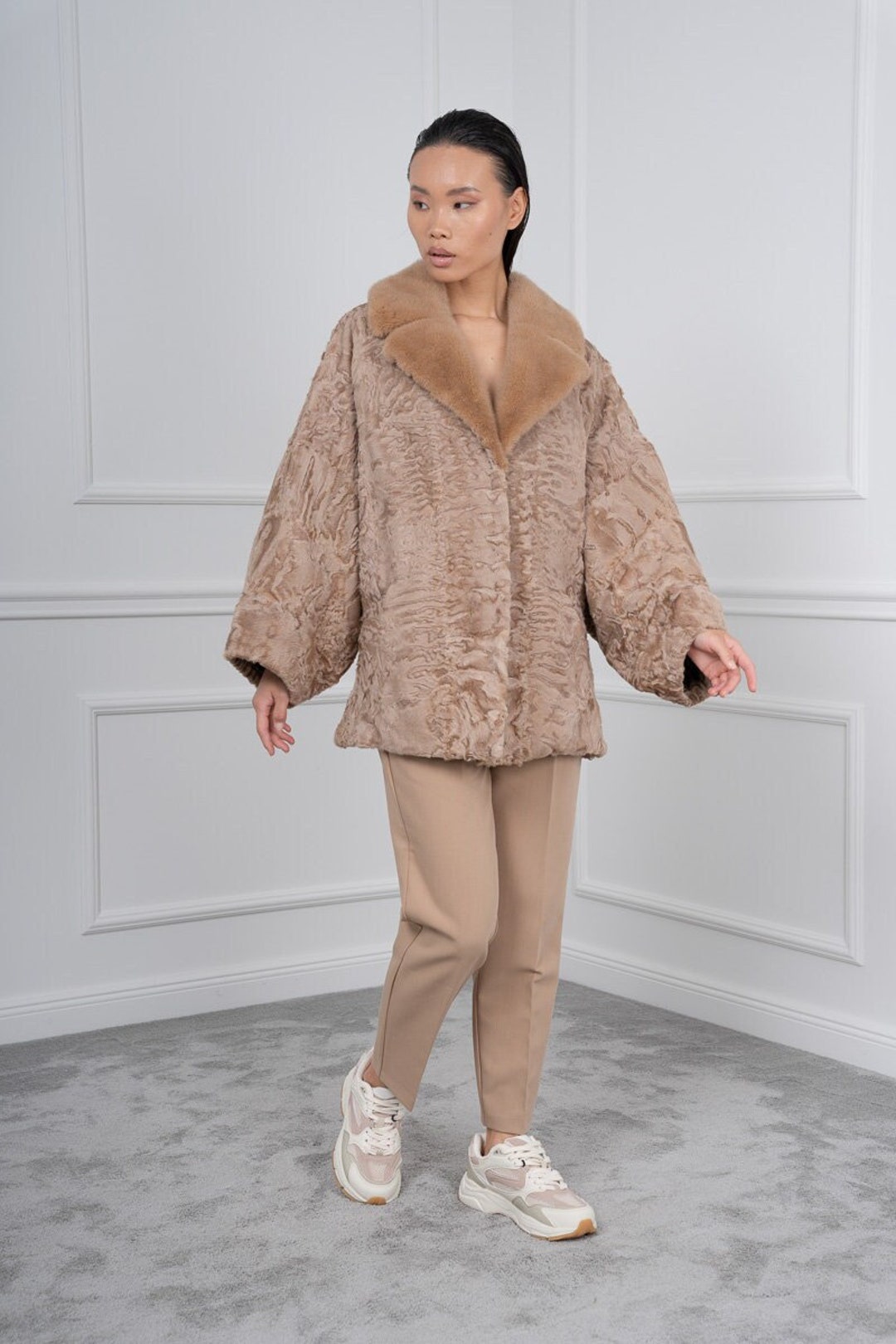 Camel Brown Swakara Fur Jacket With Rever Collar - Etsy
