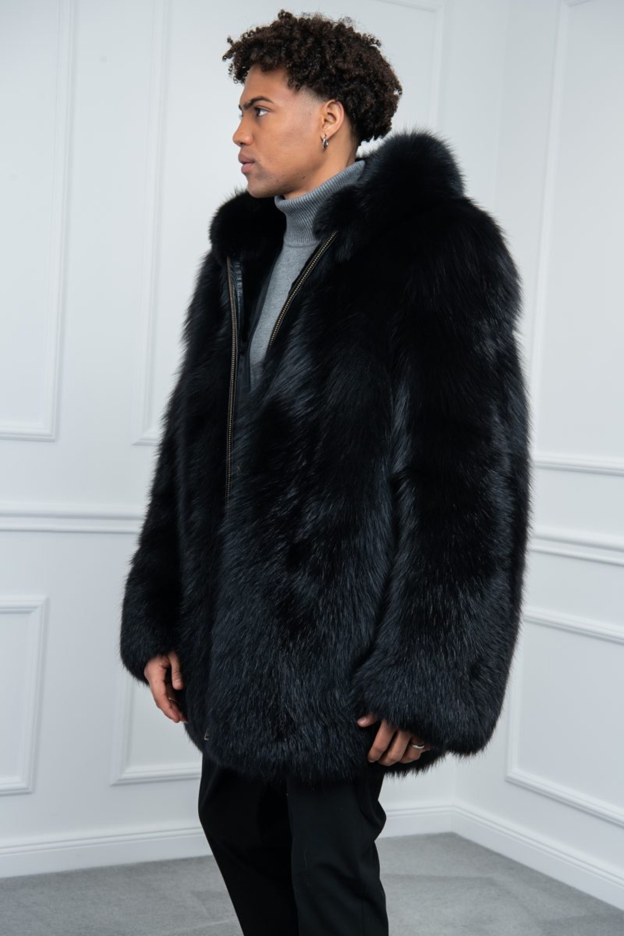 Men's Black Fox Fur Jacket With Hood Made of 100% Real Fur - Etsy