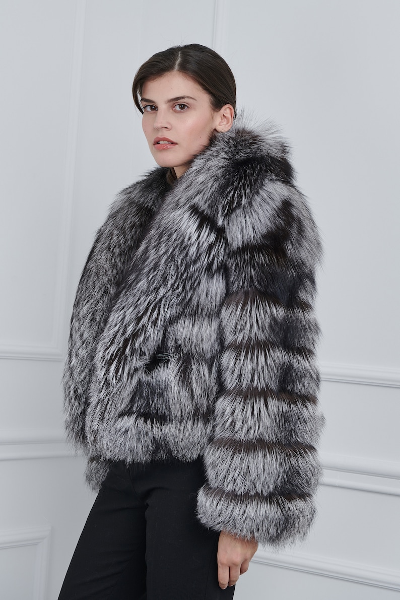 Silver Fox Fur Short Jacket With Wide Rever Collar Made of 100% Real ...