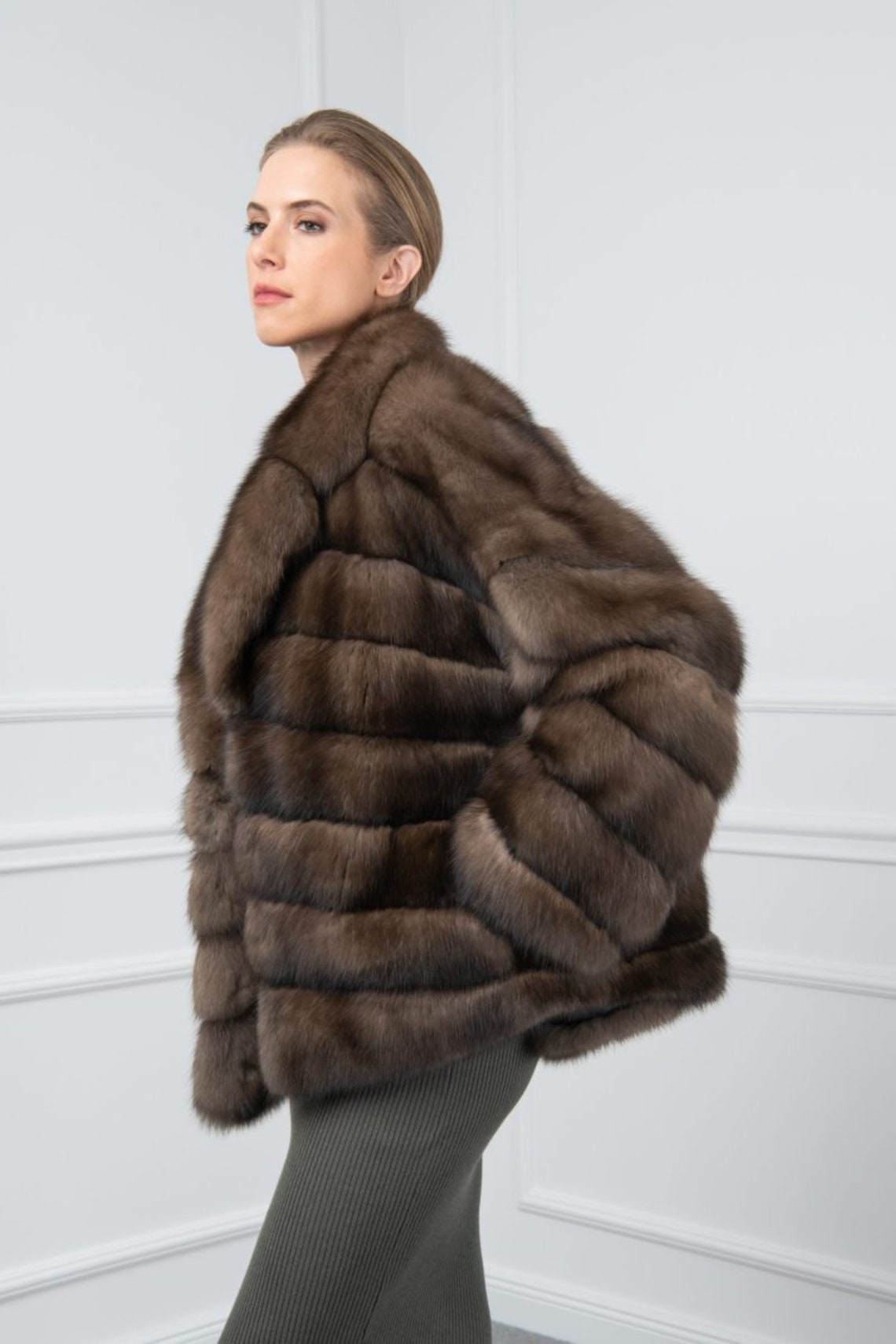 Platinum Sable Fur Chevron Cut Short Jacket With Rever Collar. 100% ...