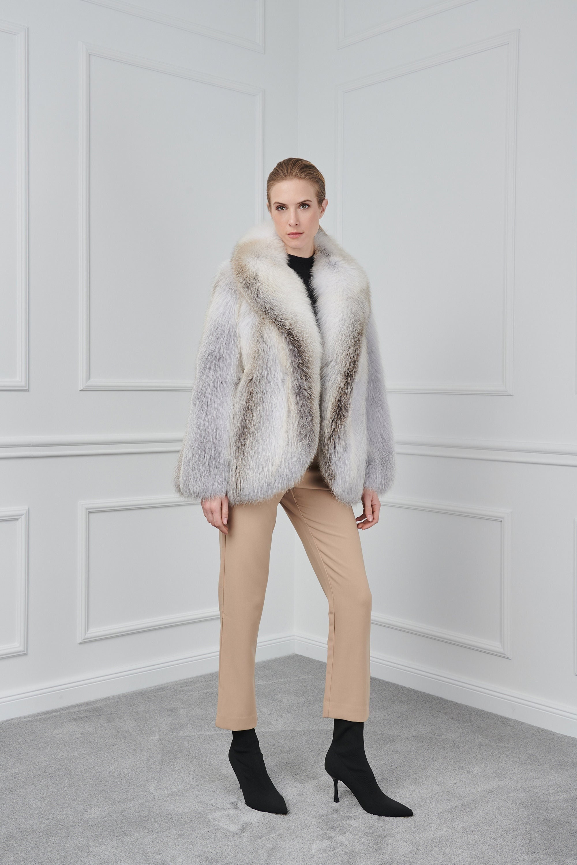 Shadow Fawn Light Fox Fur Short Jacket With Shawl Collar Made of 100% ...