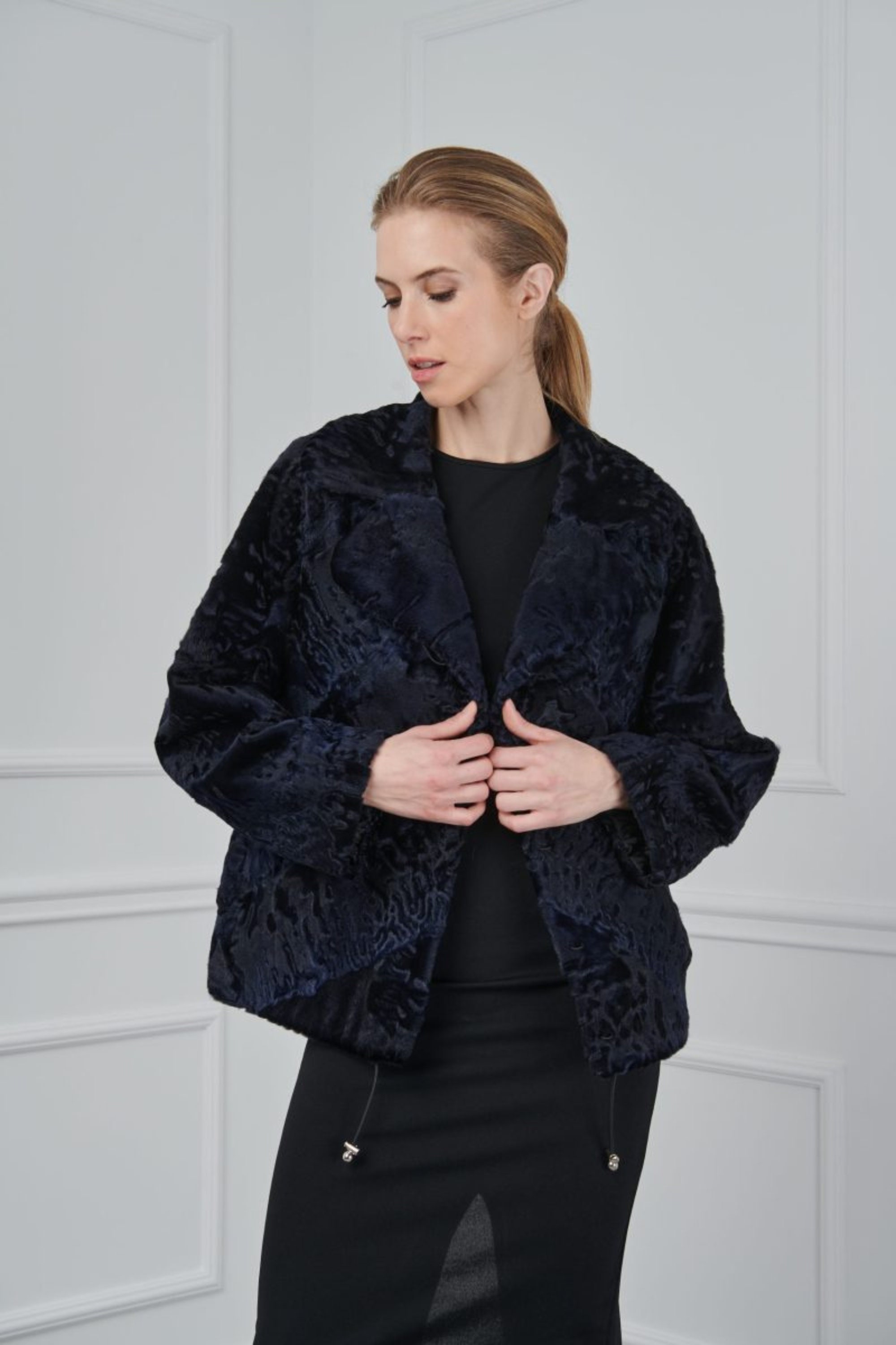 Navy Blue Swakara Fur Short Jacket With Rever Collar Made of 100% Real ...