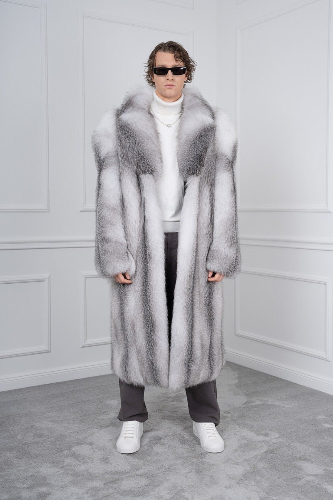 Men's Blue Shadow Fox Fur Coat With Rever Collar - Etsy