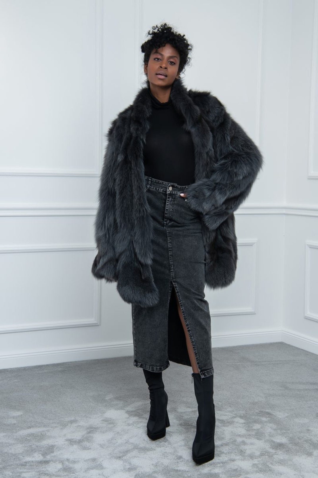 Charcoal Fox Fur Sections Jacket Made of 100% Real Fur - Etsy