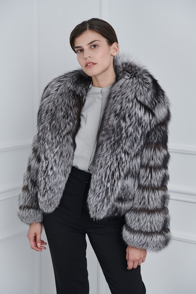 Silver Fox Fur Short Jacket With Wide Rever Collar Made of 100% Real ...
