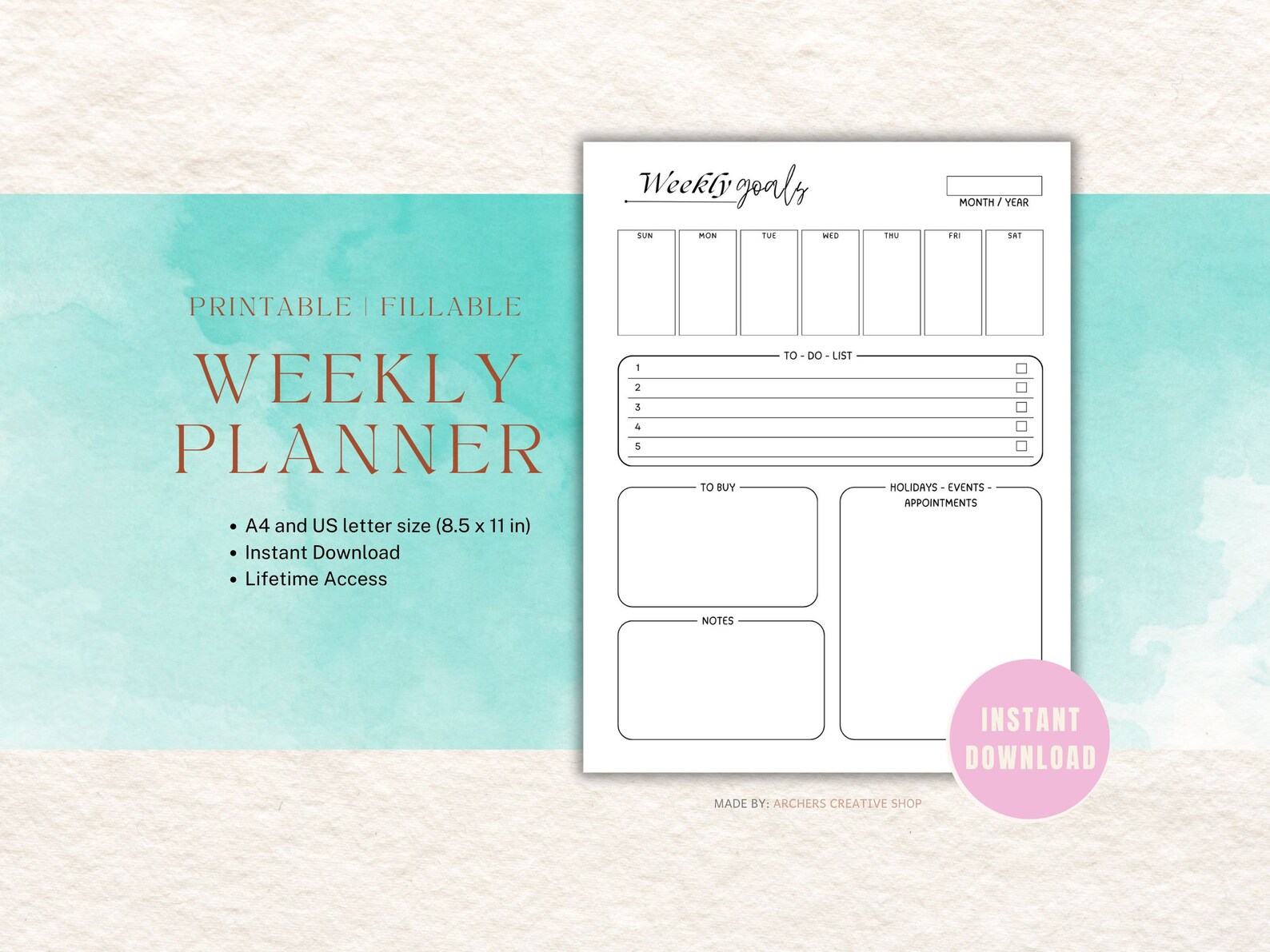 Weekly Planner, Printable Fillable, Life Goals Planner, Weekly Goals ...