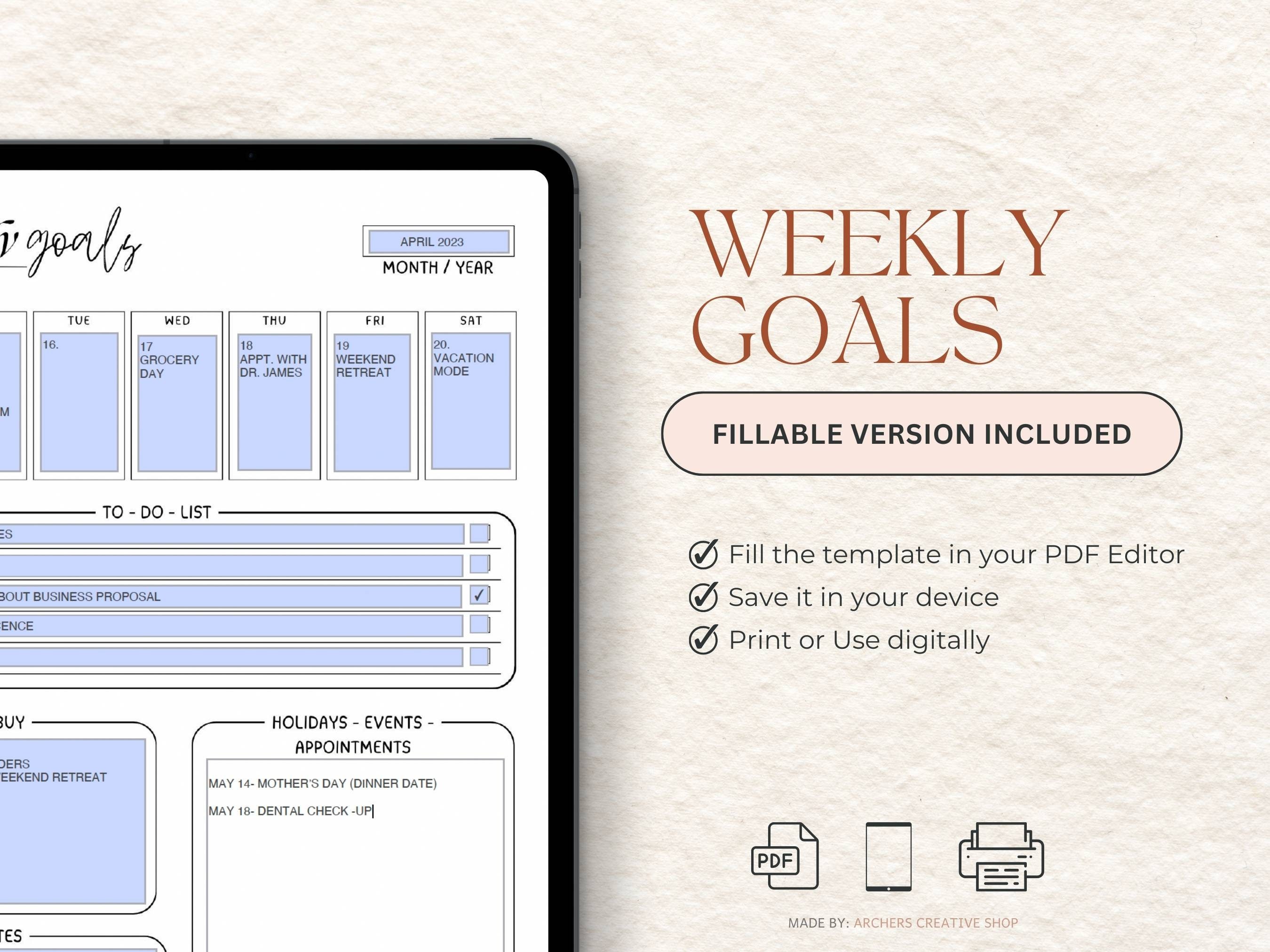 Weekly Planner, Printable Fillable, Life Goals Planner, Weekly Goals ...