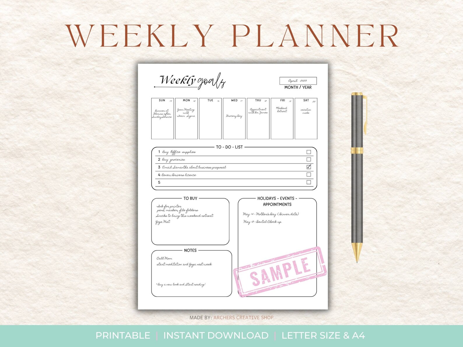 Weekly Planner, Printable Fillable, Life Goals Planner, Weekly Goals ...