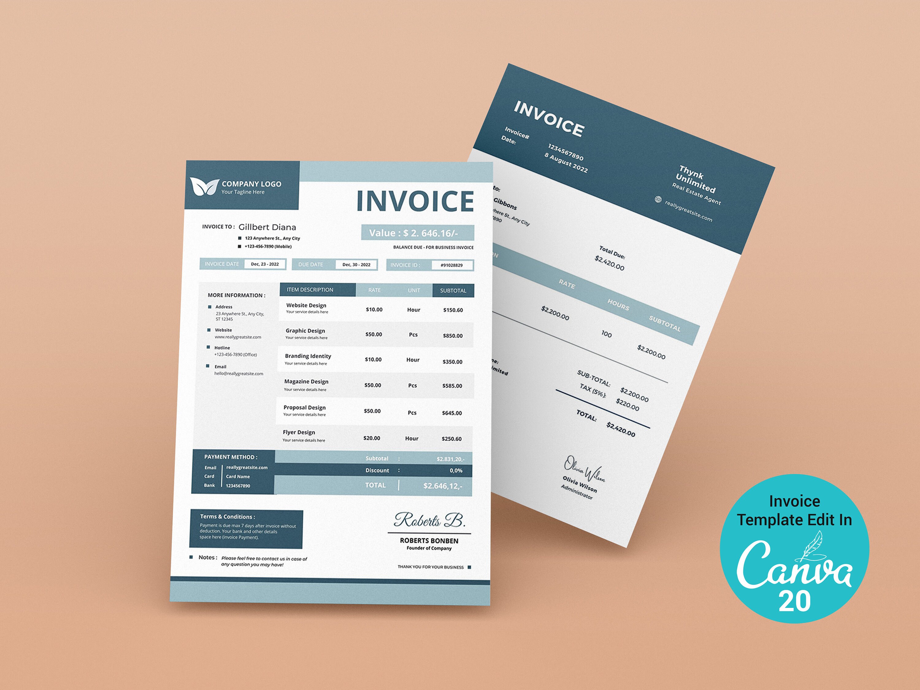 Invoice Editable Template, Printable Invoice, Small Business Invoice ...