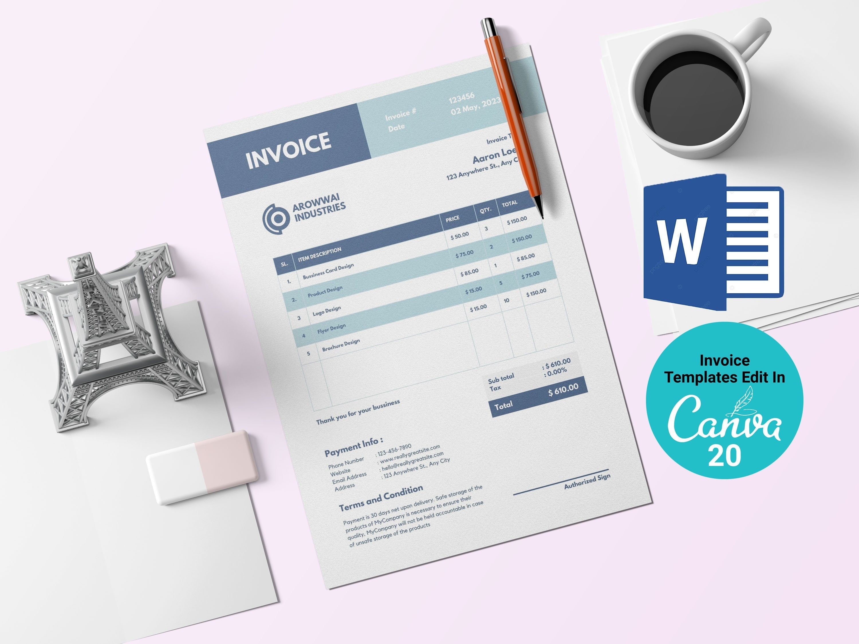 Editable Invoice invoice Template Printable WORD /canva Invoice ...