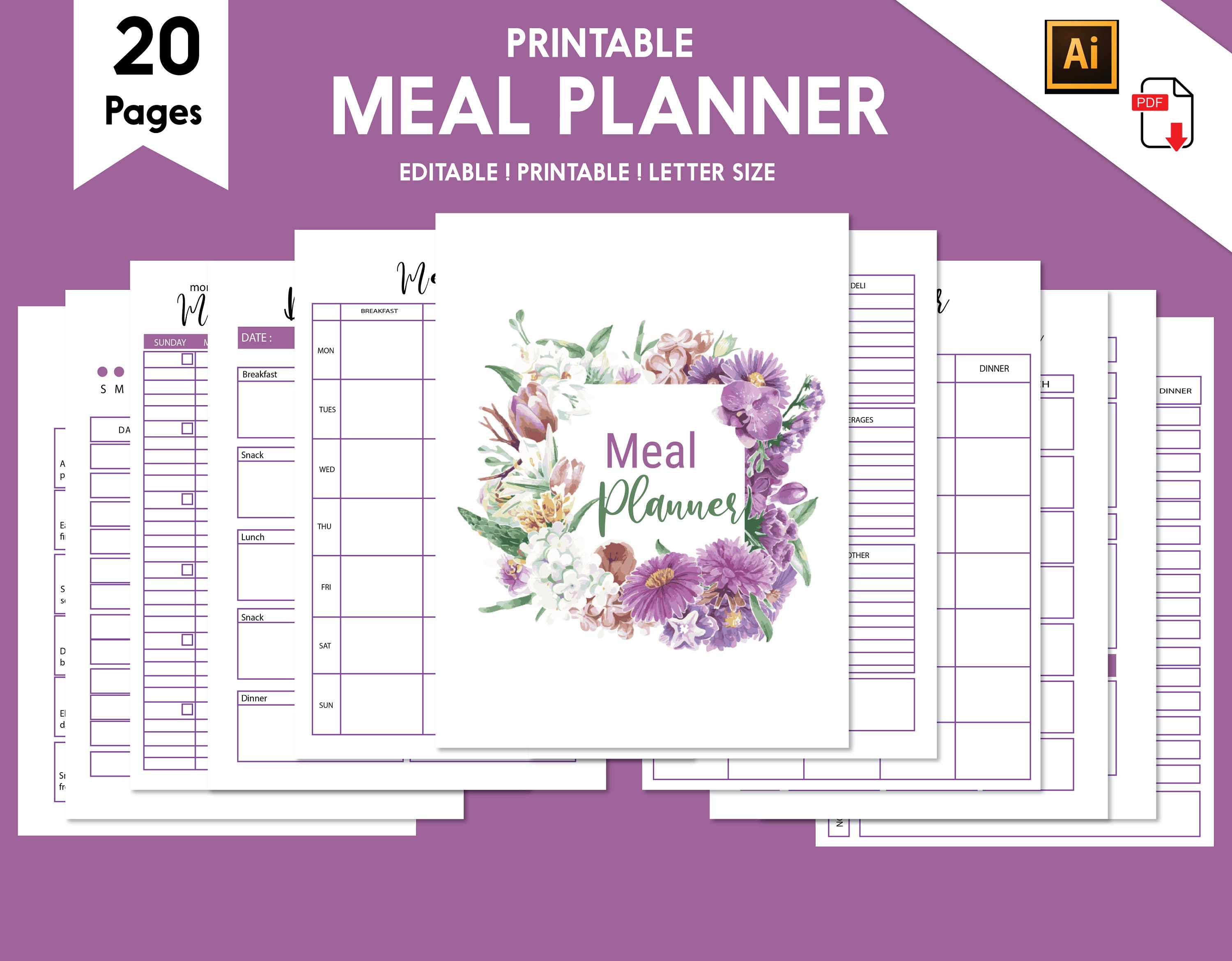Meal Planner Editable Daily Food Journal Monthly Meal Tracker Weekly ...