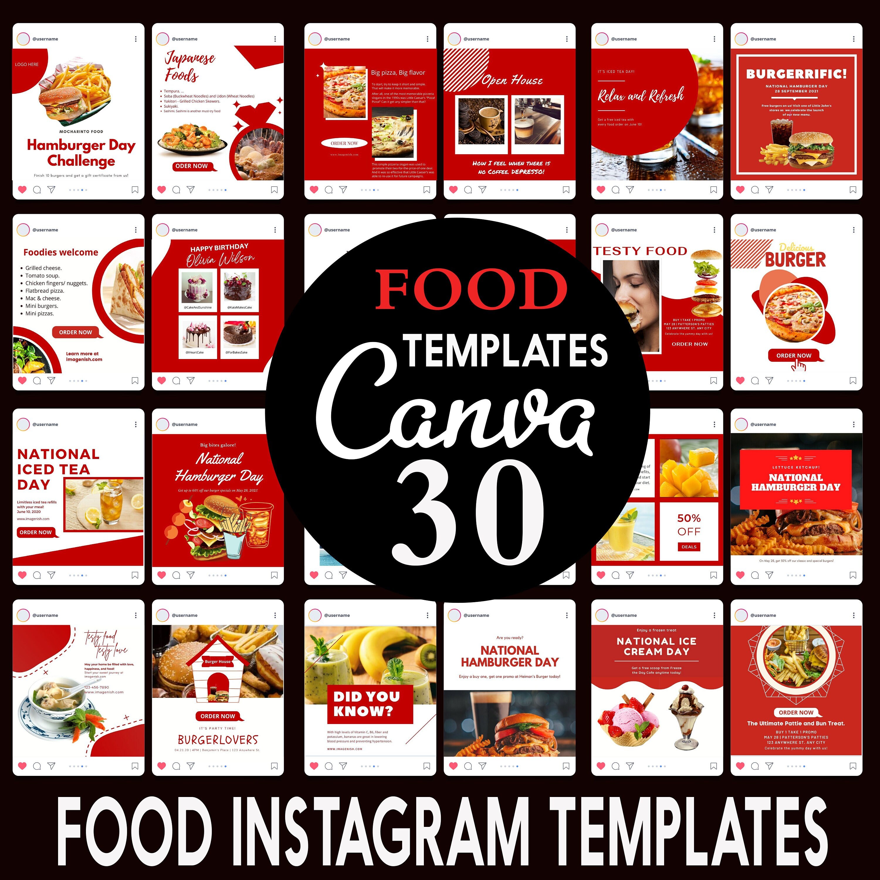 Food Blogger Instagram Templates for Canva | 30 Instagram Post ...