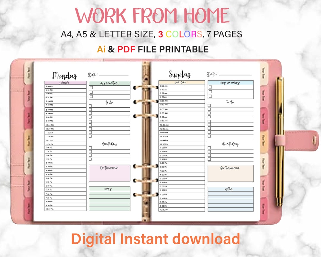 Work From Home Planner Printable,work Day Organizer, Personal Daily ...