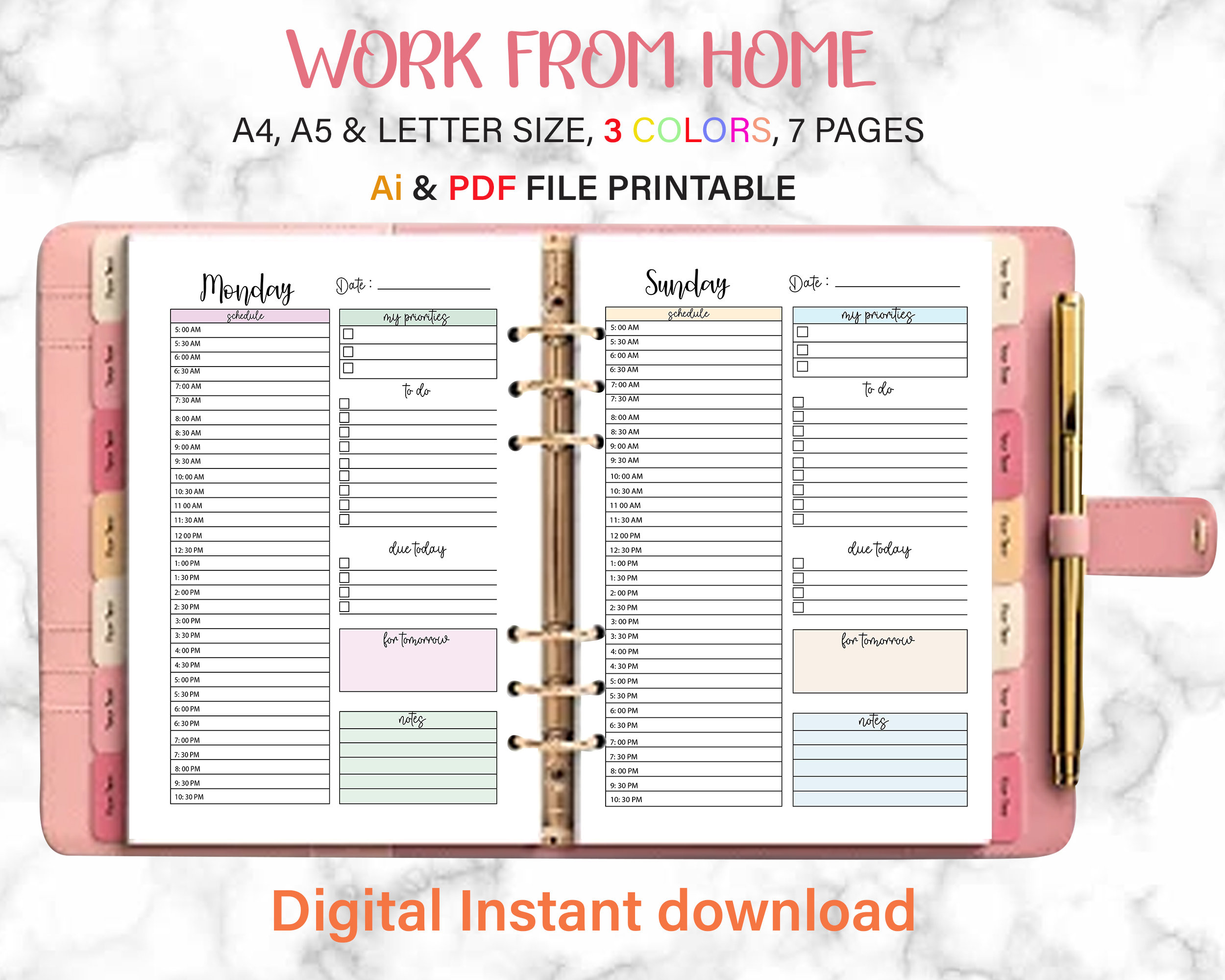 Work From Home Planner Printable,work Day Organizer, Personal Daily ...