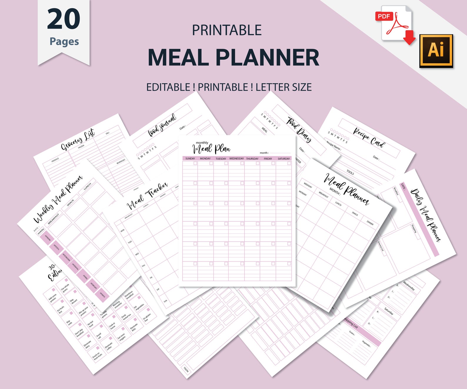 Meal Planner Printable Diet Journal Weekly Food Diary Bundle Daily Food ...