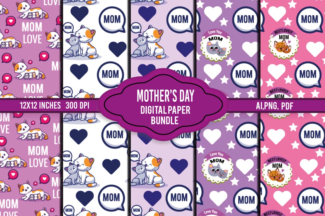 Cute Animal Mothers Day Paper, Animal Mother's Digital Paper ,mom Day ...