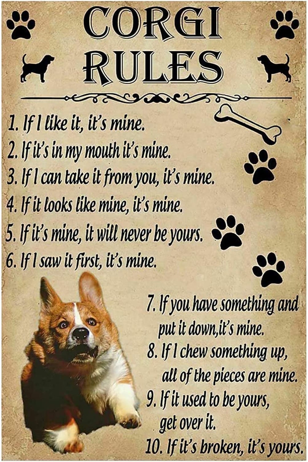 Corgi Rules Tin Sign | Funny Dog Lover Home Decor (8x12 Inches) - Etsy
